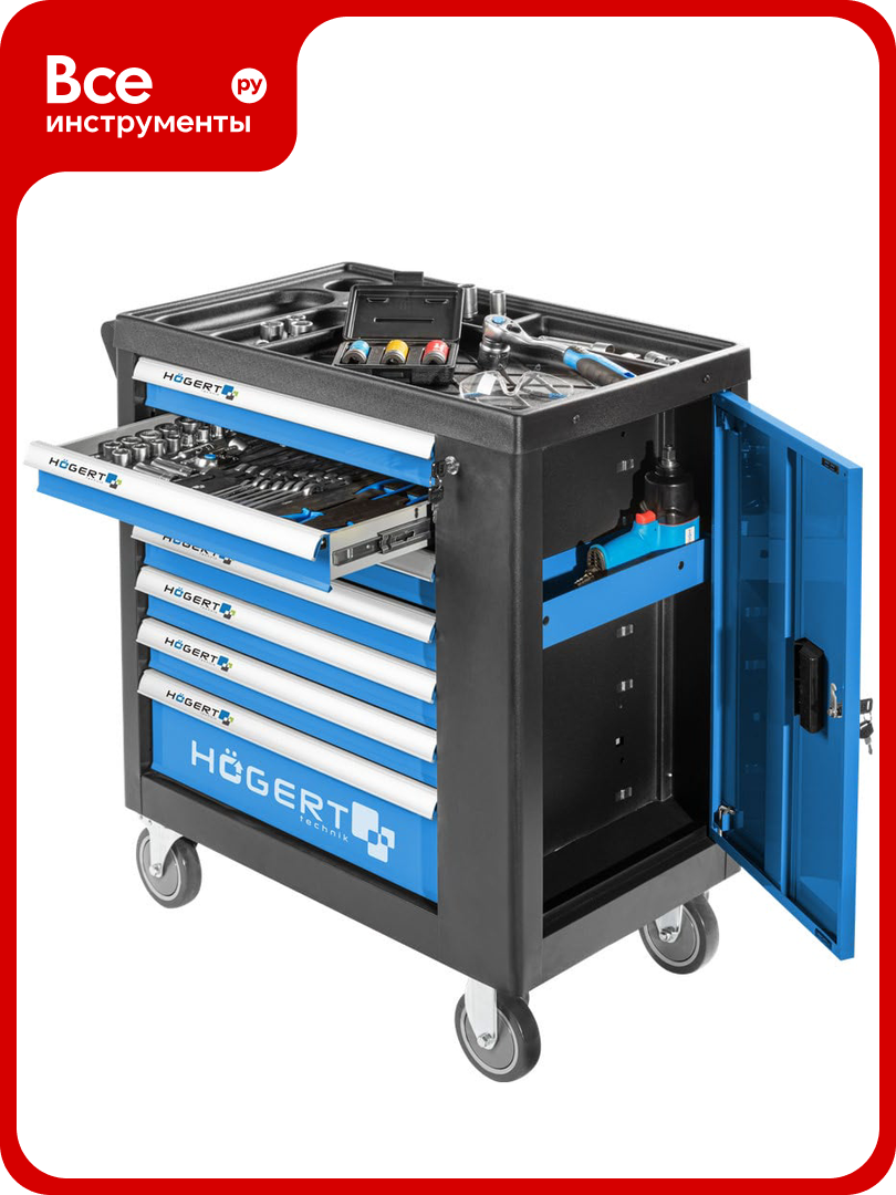 Инструментальная тележка HOEGERT TECHNIK 7 ящиков, боковое отделение. HT7G049, 7 в, Прочная