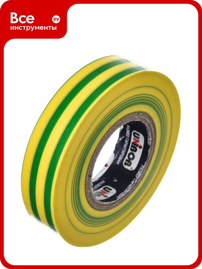 Изолента ПВХ UNIBOB 15 мм х 20 м, желто-зеленая 211766