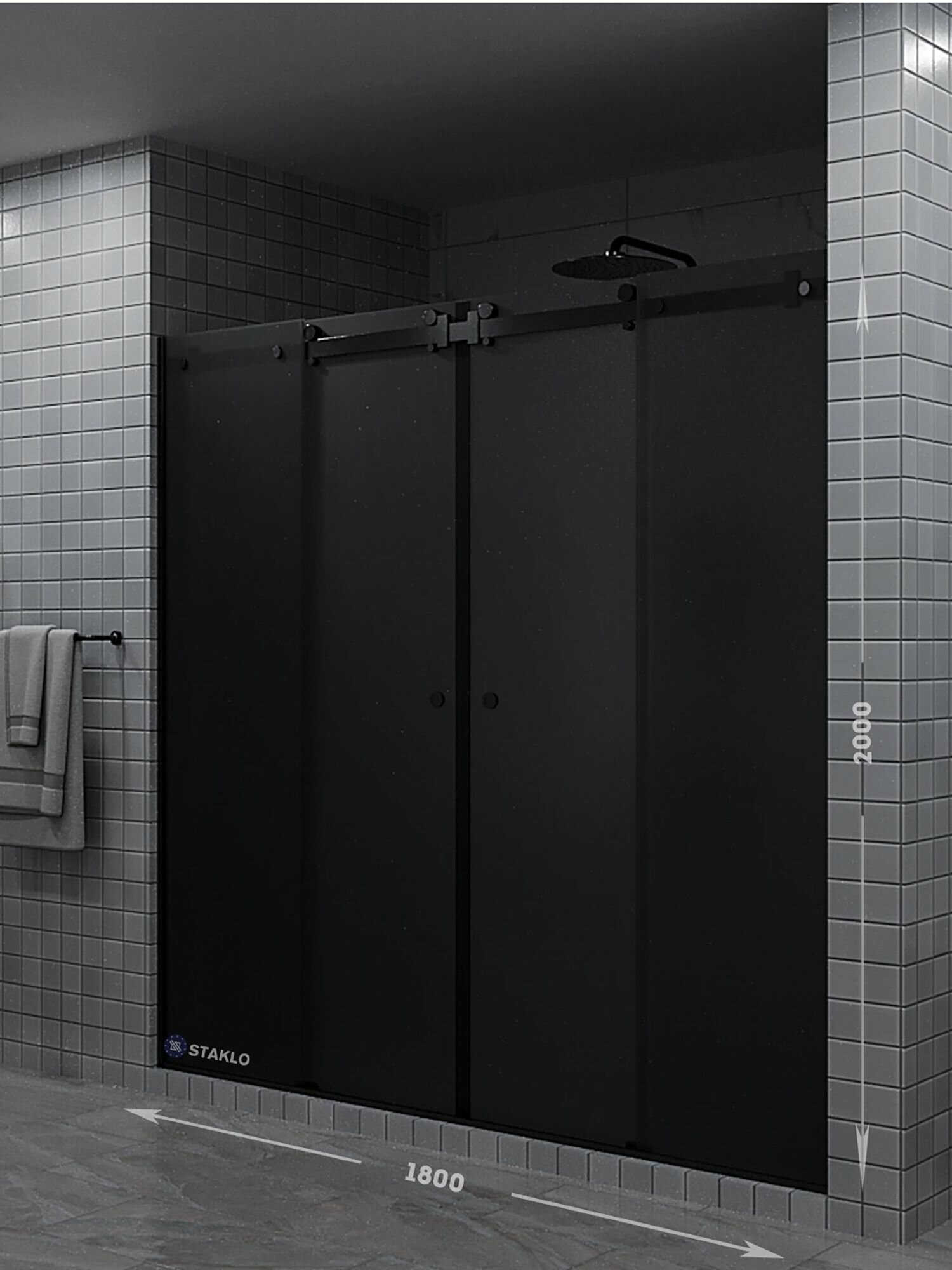Раздвижная душевая в нишу четыре стекла staklo 180x200 из серого графит матового стекла черная фурнитура