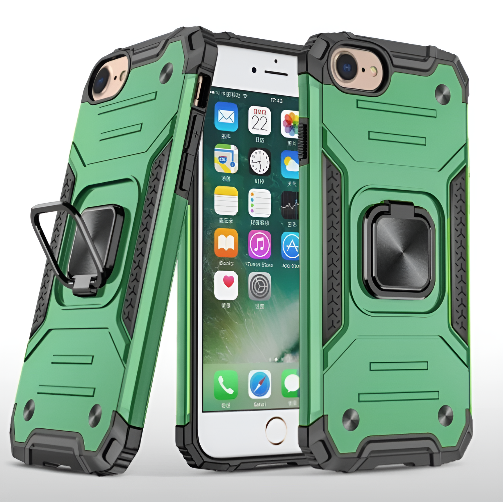 Противоударный чехол для iPhone 6 / 7 / 8 / SE 2020 зеленый с пластиной для магнитного автодержателя и кольцом