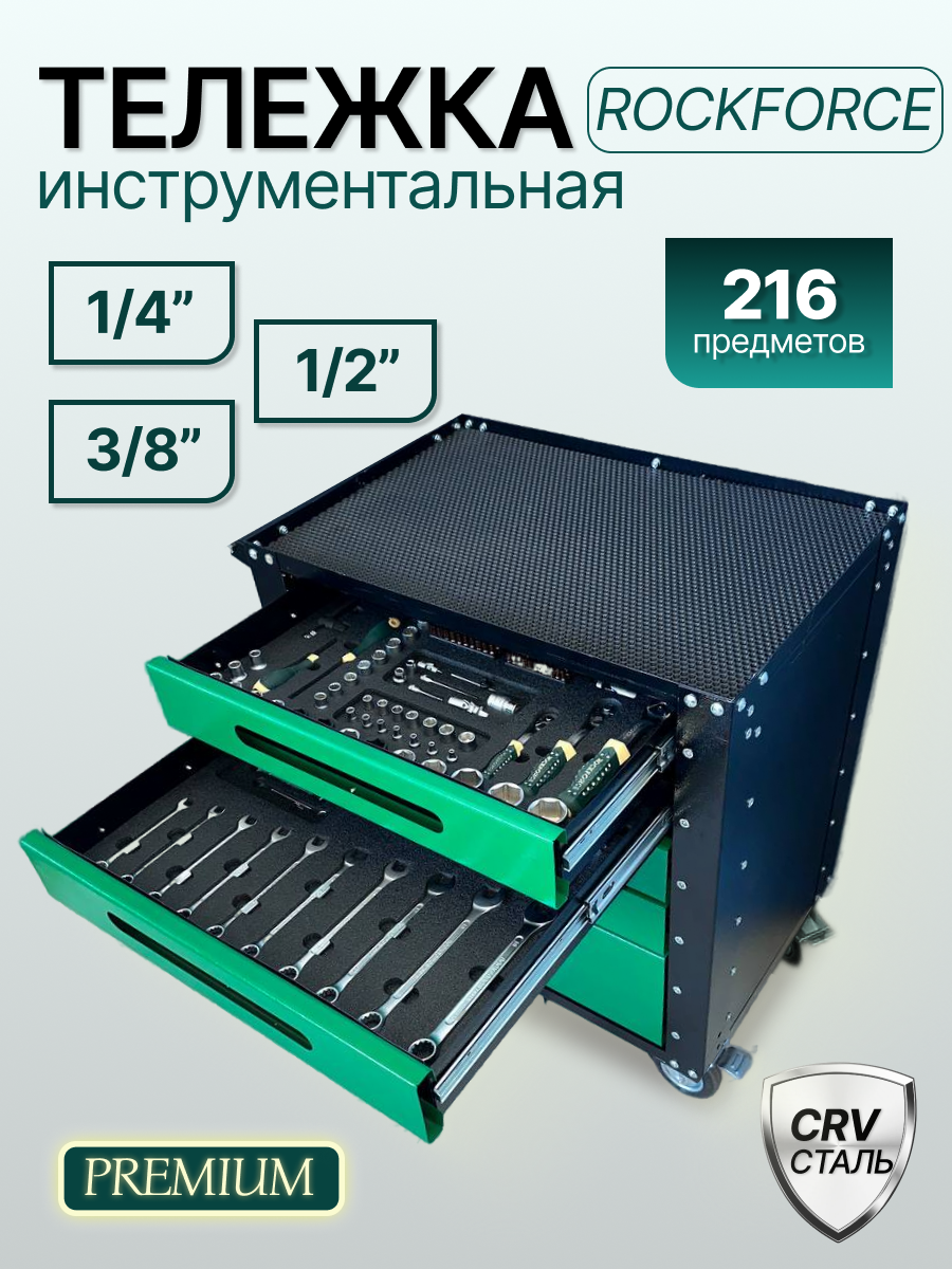 Тележка инструментальная Rock Force Premium с набором инструментов 216 предметов в мягких ложементах