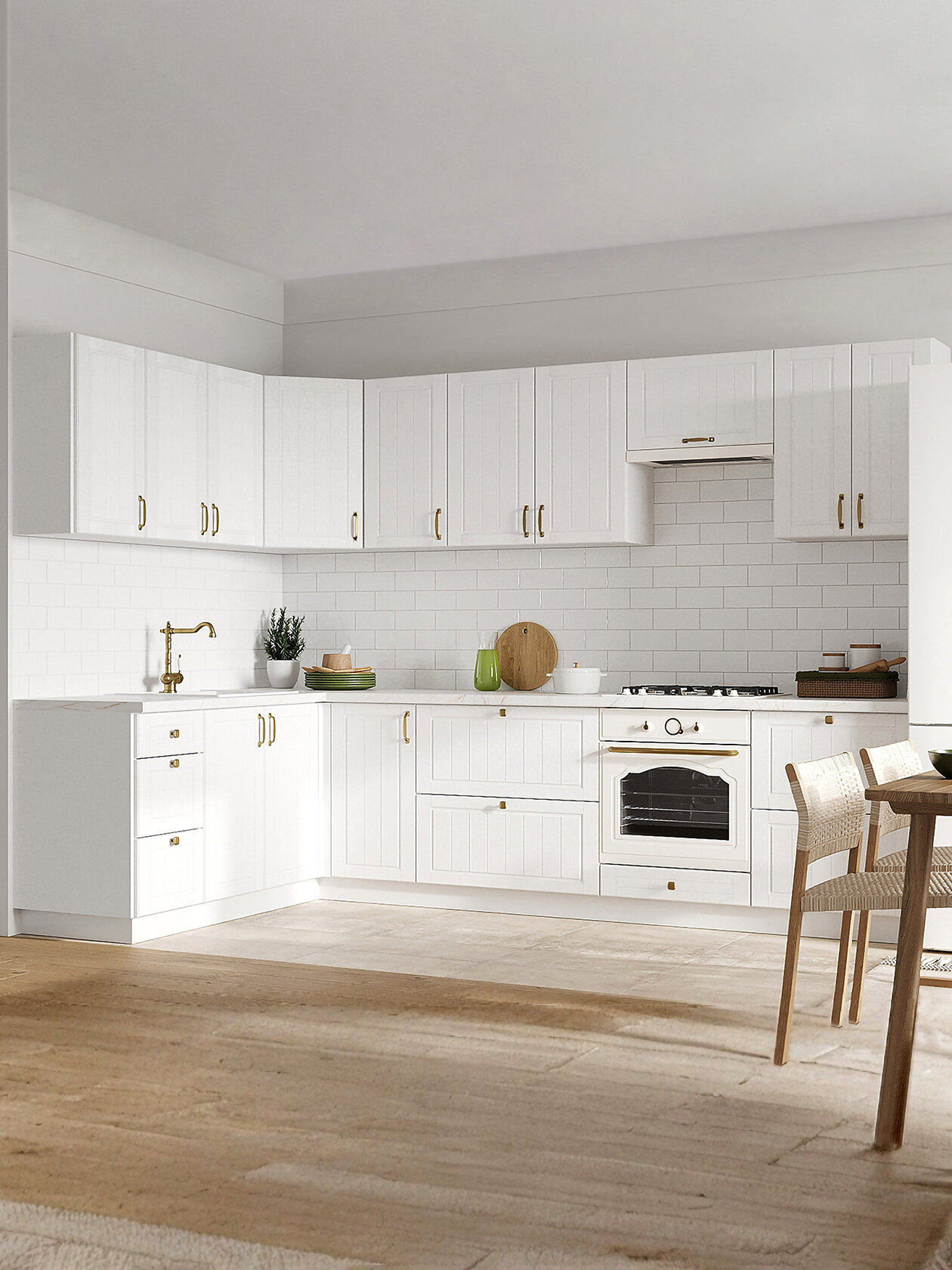 Кухонный гарнитур угловой Флоренс 3х1.8 м, мебель для дома и кухни, Белый / Белый текстурный