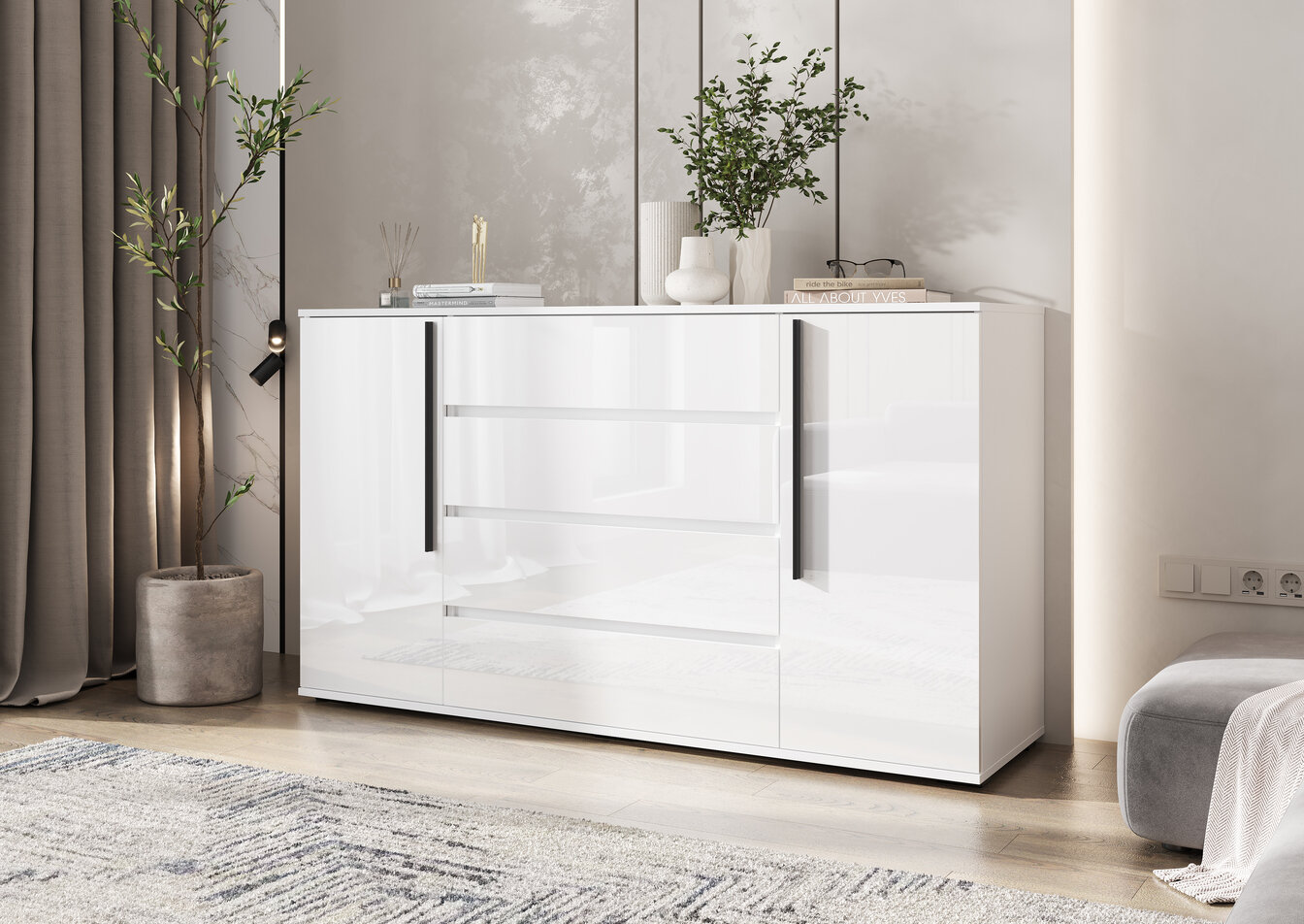 Комод "Норд", ЛДСП, 160 см х 90 см х 45 см, с полкой, 4 ящика, белый