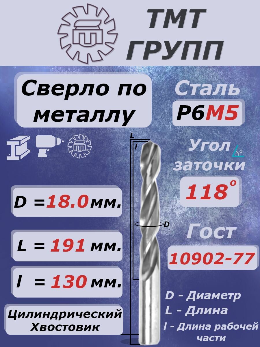 Сверло по металлу, цилиндрический хвостовик, ц/х, 18.0 мм. Р6М5 с*