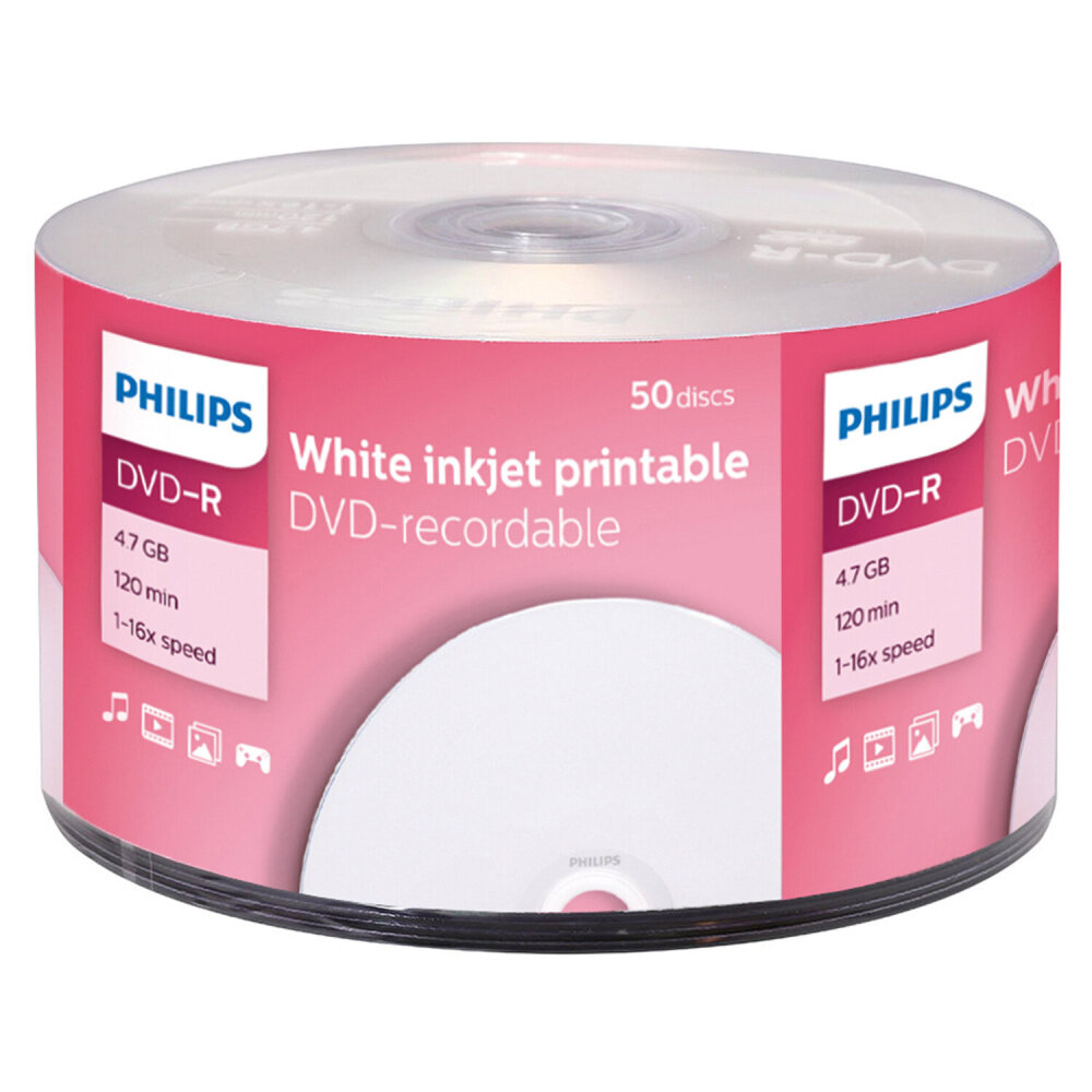 Диск DVD-R PHILIPS 4,7 Гб, 16x, Bulk (термоусадка без шпиля), поверхность для печати, комплект 50 шт, DM4I6U50F/97