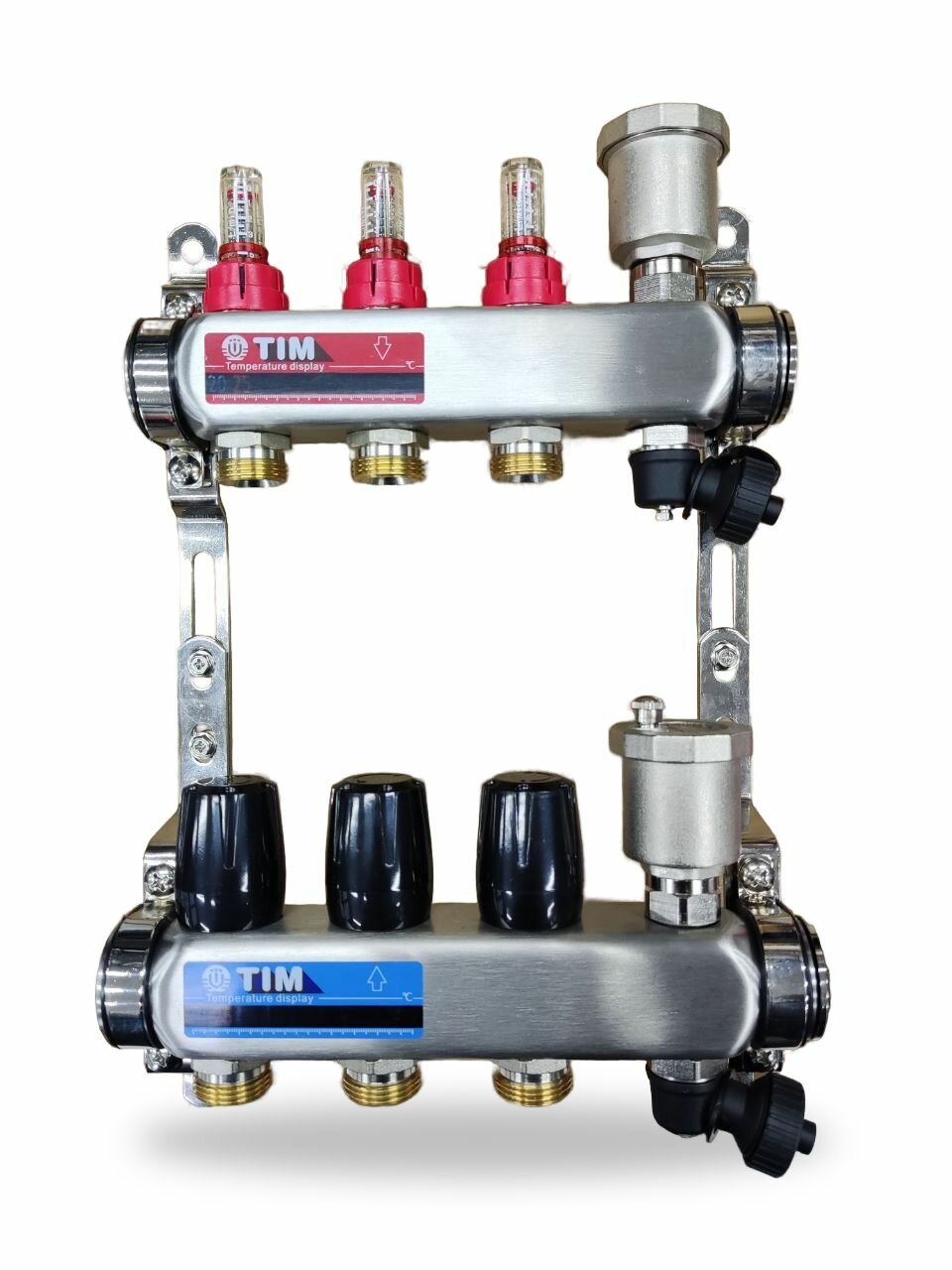 Коллектор для теплого пола из нержавеющей стали TIM, 3 выхода с регулирующими и балансировочными клапанами KCS5003