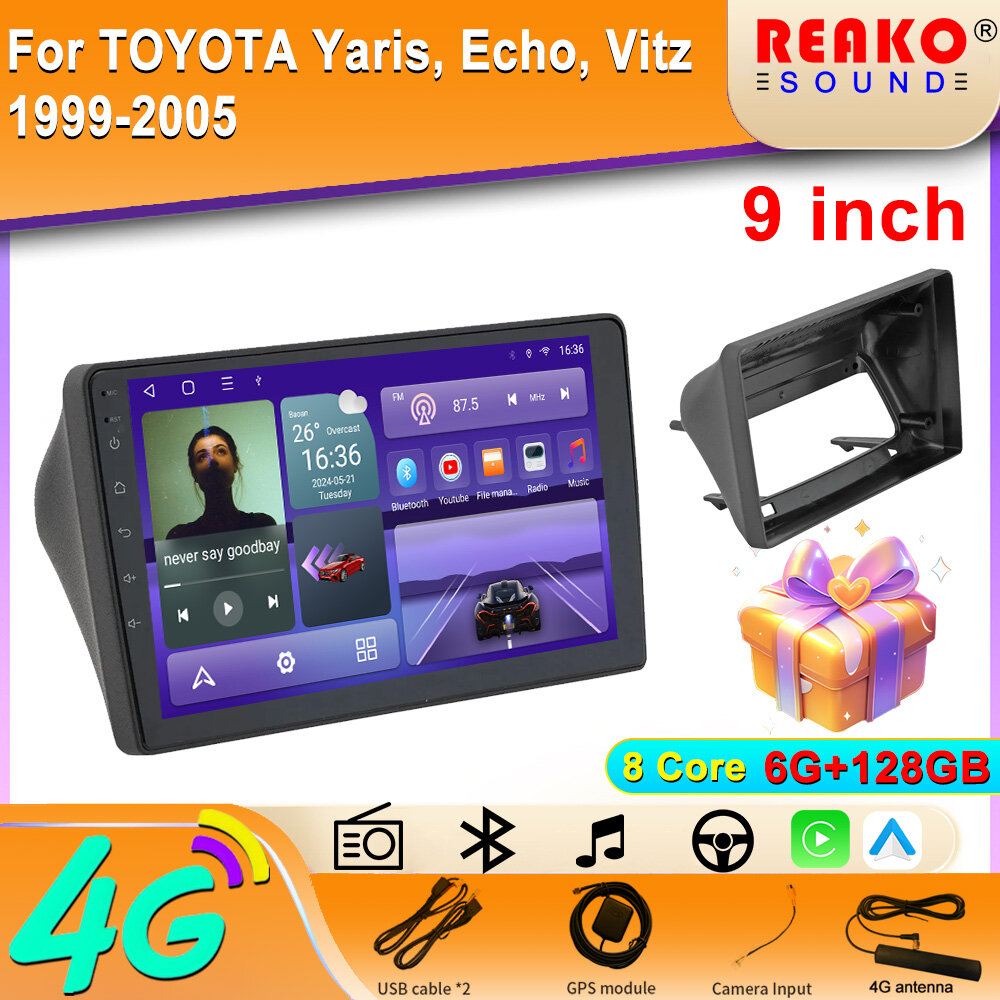 Магнитола для TOYOTA Yaris, Echo, Vitz 1999-2005 , с камерой заднего вида. IPS экран 9 дюймов, Wifi 2din с сенсорным экраном, usb и блютузом.