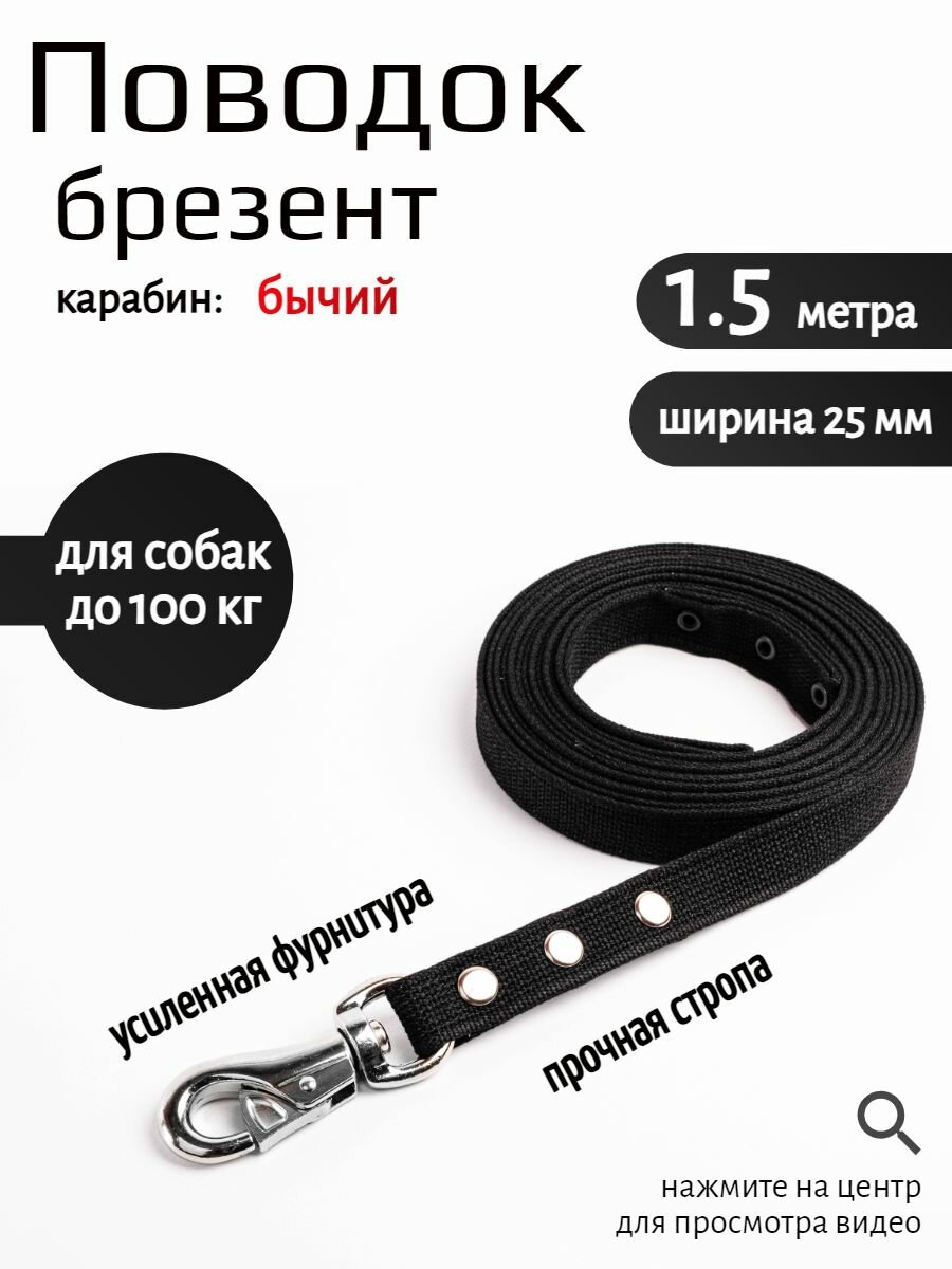 Поводок Хвостатыч для собак крупных пород брезент с бычьим карабином 1.5 м х 25 мм (черный)