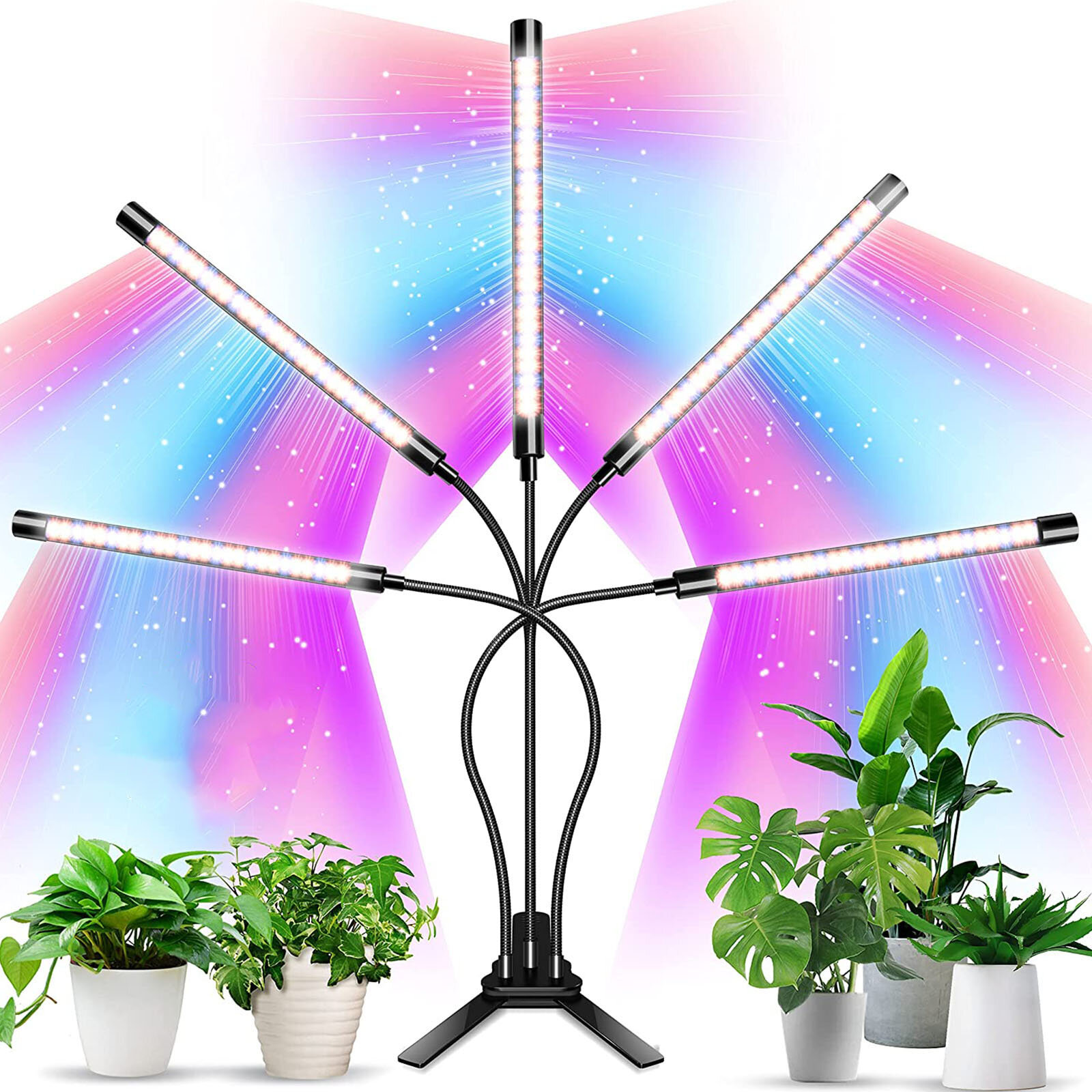Grow Lights для комнатных растений, DICCEAO 150W LEDs Grow Light для рассады с полным спектром, таймер 3/9/12H, 10 регулируемых уровней яркости, 3 режимы переключения, лампа для роста растений, подходящая для различных растений, 5-головая растительная