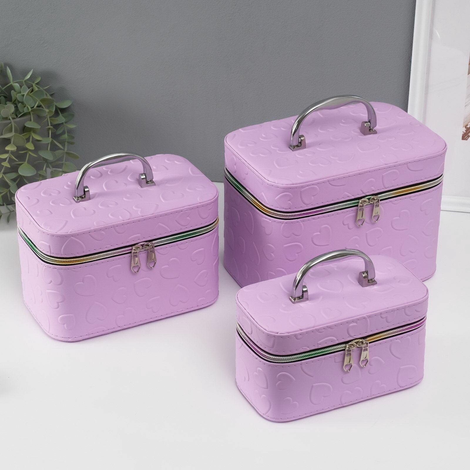 Набор шкатулок для украшений с зеркалом "Сердца", 3 шт, искусственная кожа, св. сирень