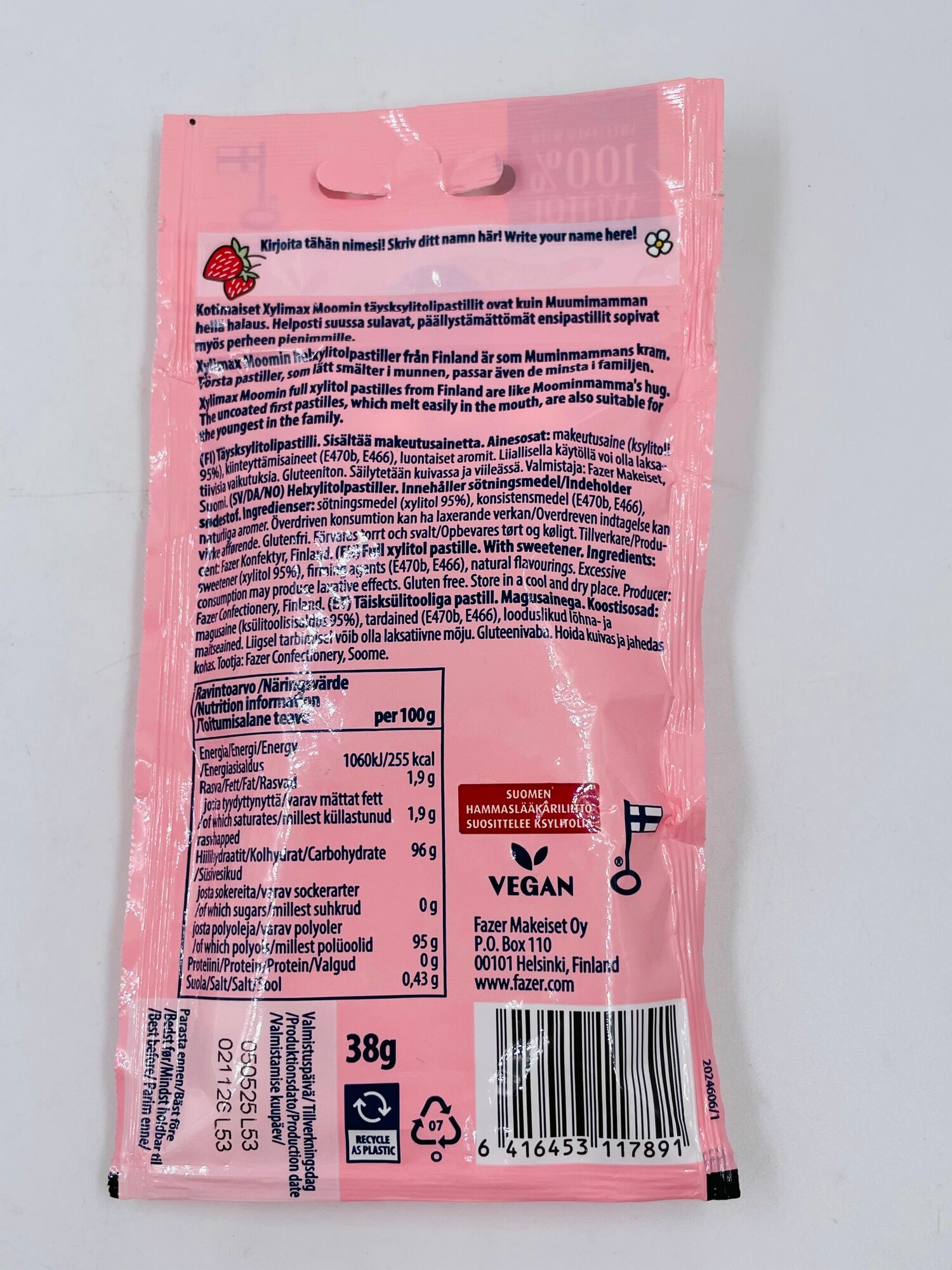 Пастилки с ксилитом для зубов Fazer Xylimax Moomin со вкусом клубники, 38 г (из Финляндии)