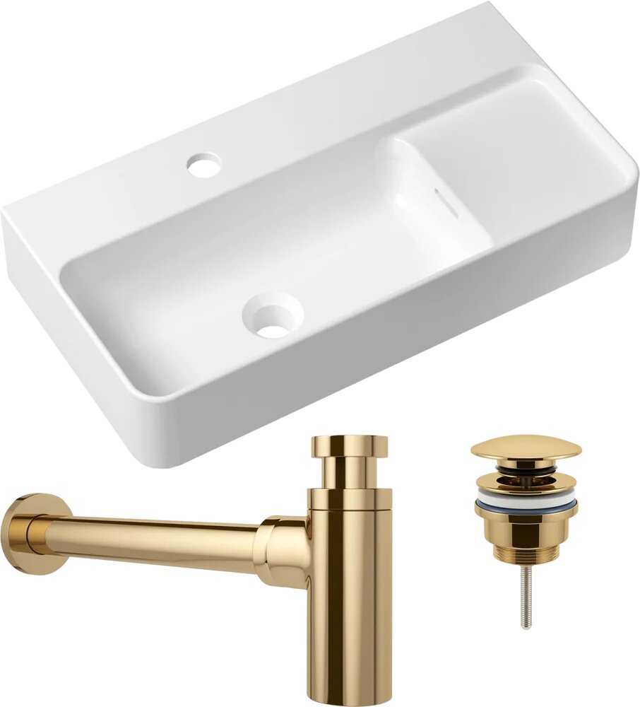 Комплект 3 в 1 Накладная раковина Lavinia Boho Bathroom Sink Slim 33311011 60 глянцевая белая, со столешницей / Донный клапан Wellsee Drainage System 182141000 золото / Сифон 182126000 бутылочный, зол