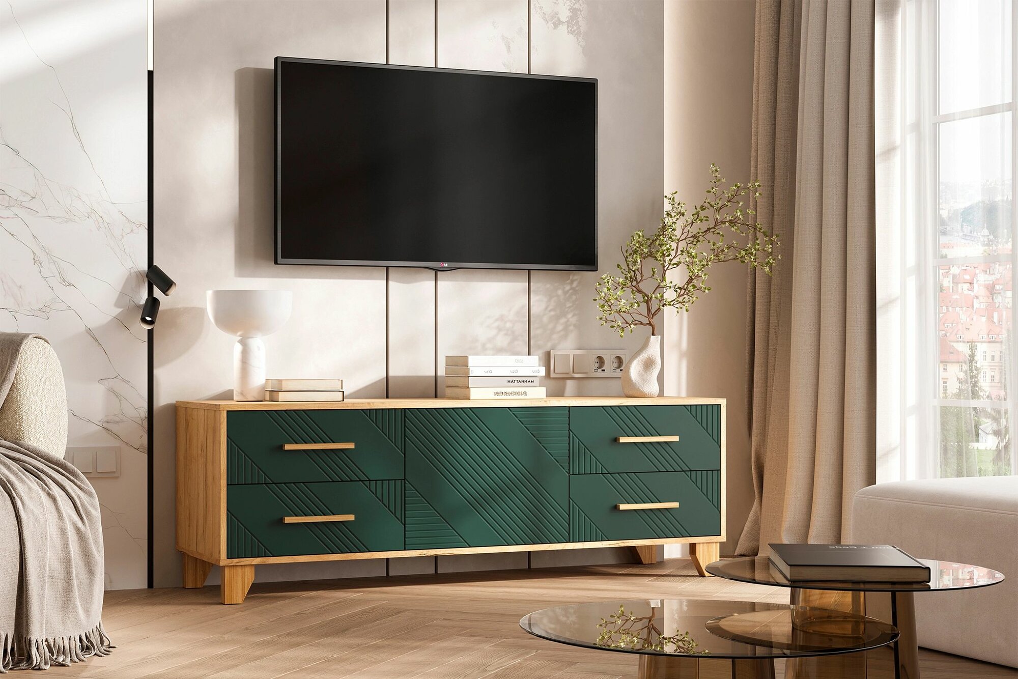 Тумба под телевизор Ирис (1500) (Браш Мени Грин, Дуб Крафт)