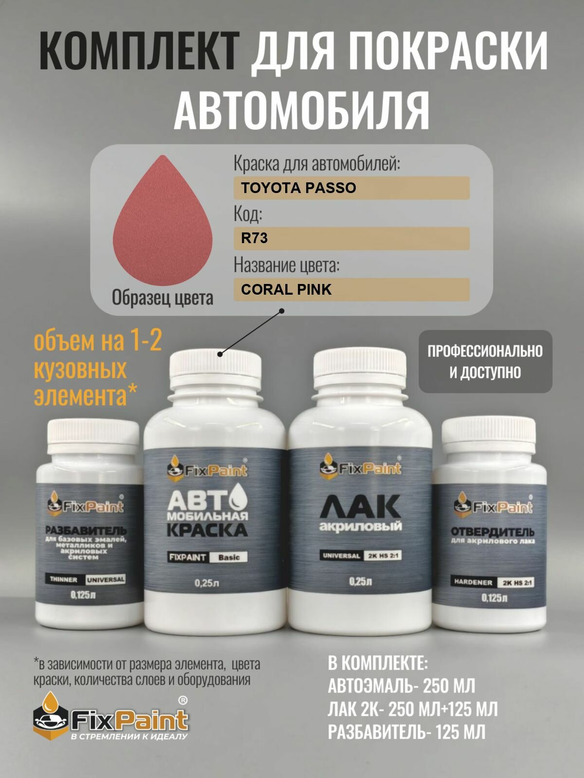 Комплект для покраски TOYOTA PASSO, код R73, CORAL PINK, базовая автомобильная эмаль 250 мл, лак 2K 250 мл с отвердителем, разбавитель 125 мл, FixPaint Pro