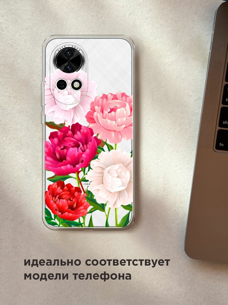 Чехол на Huawei Nova 12/Nova13 / Хуавей Нова 12/Нова 13 с принтом "Большие пионы", прозрачный — фото 1