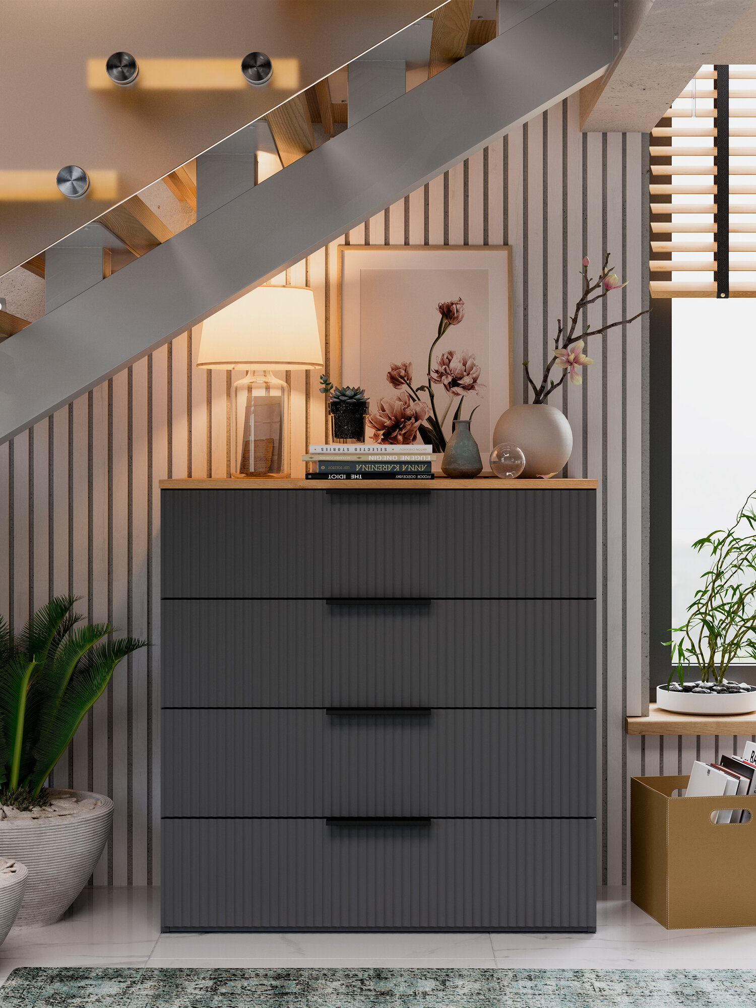 Комод FRENT Айрис, 4 ящика, графит/дуб крафт золотой, ЛДСП/МДФ