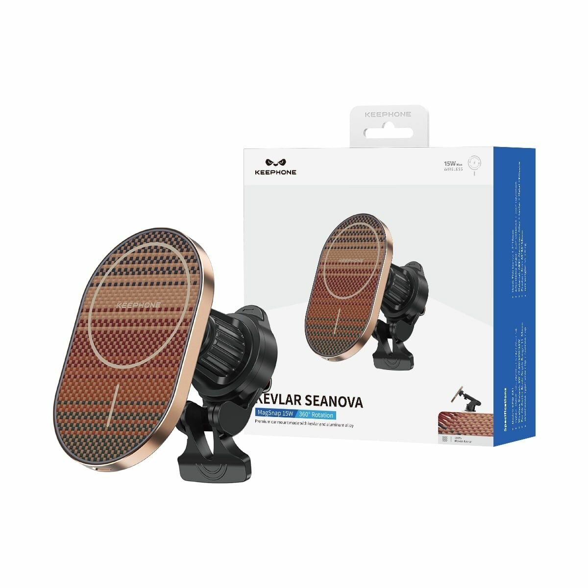 Держатель автомобильный Keephone - kevlar, с MagSafe и беспроводной зарядкой, коричневый