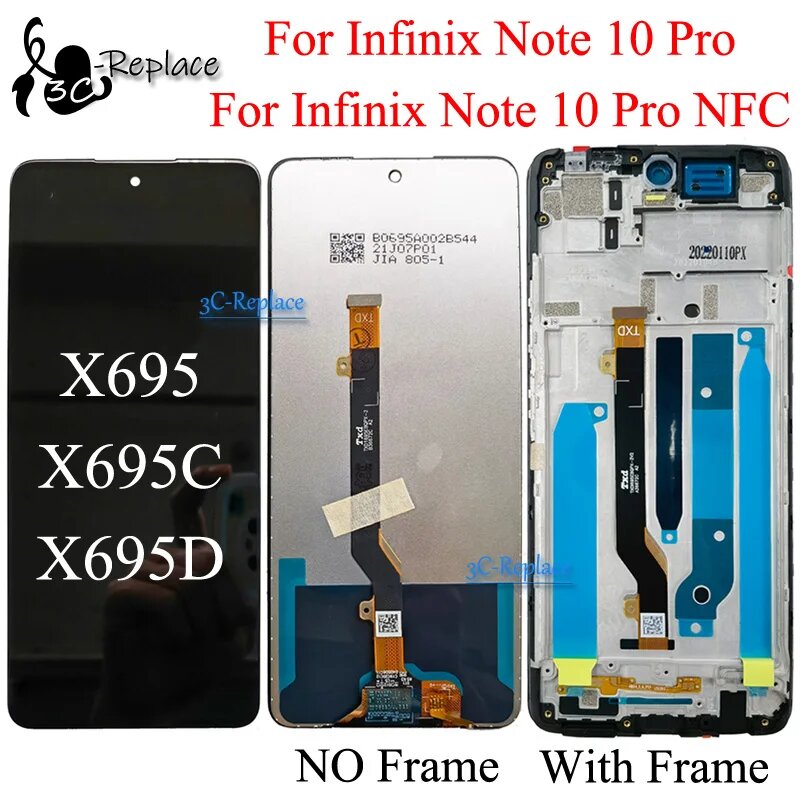 Черный 6,95-дюймовый ЖК-дисплей для Infinix Note 10 Pro X695 X695D NFC X695C с цифровым преобразователем сенсорного экрана в сборе/с рамкой