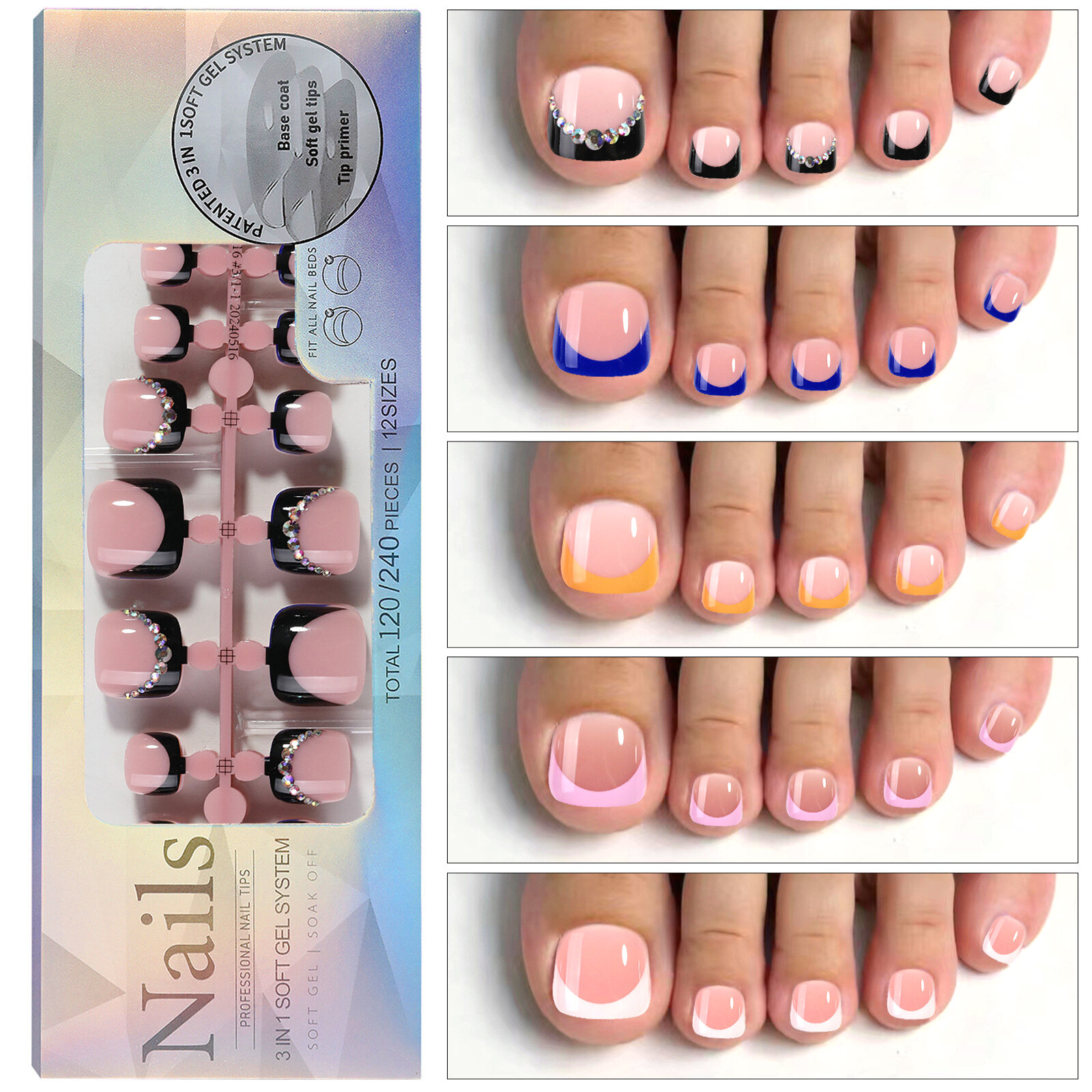 120 шт. гелевых французских типсов для ногтей на ногах, французские типсы для накладных ногтей 12 размеров, накладные ногти, носимые типсы для дизайна ногтей своими руками