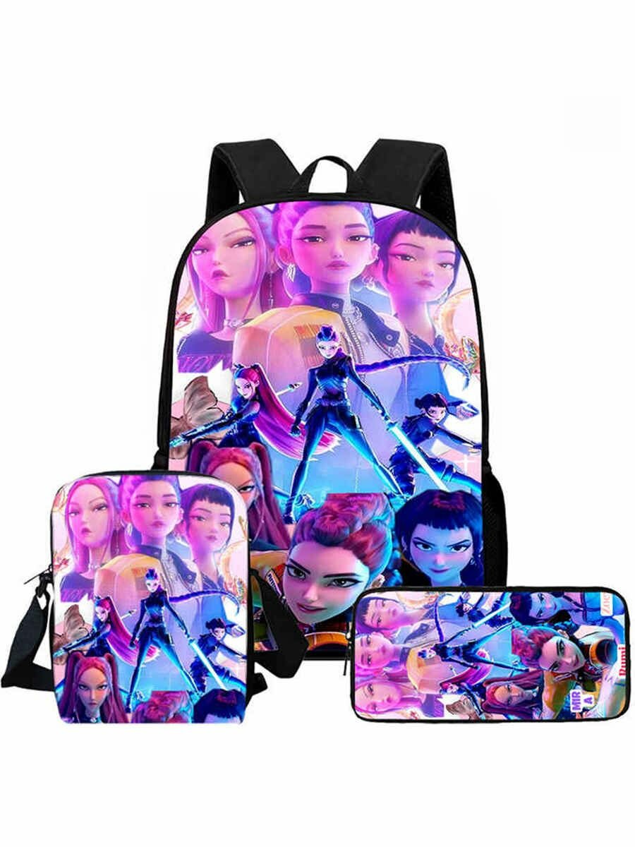 Детский набор из 3 предметов с принтом "K-POP Demon Hunter": рюкзак, сумка через плечо и пенал. Для школы, путешествий и кемпинга.