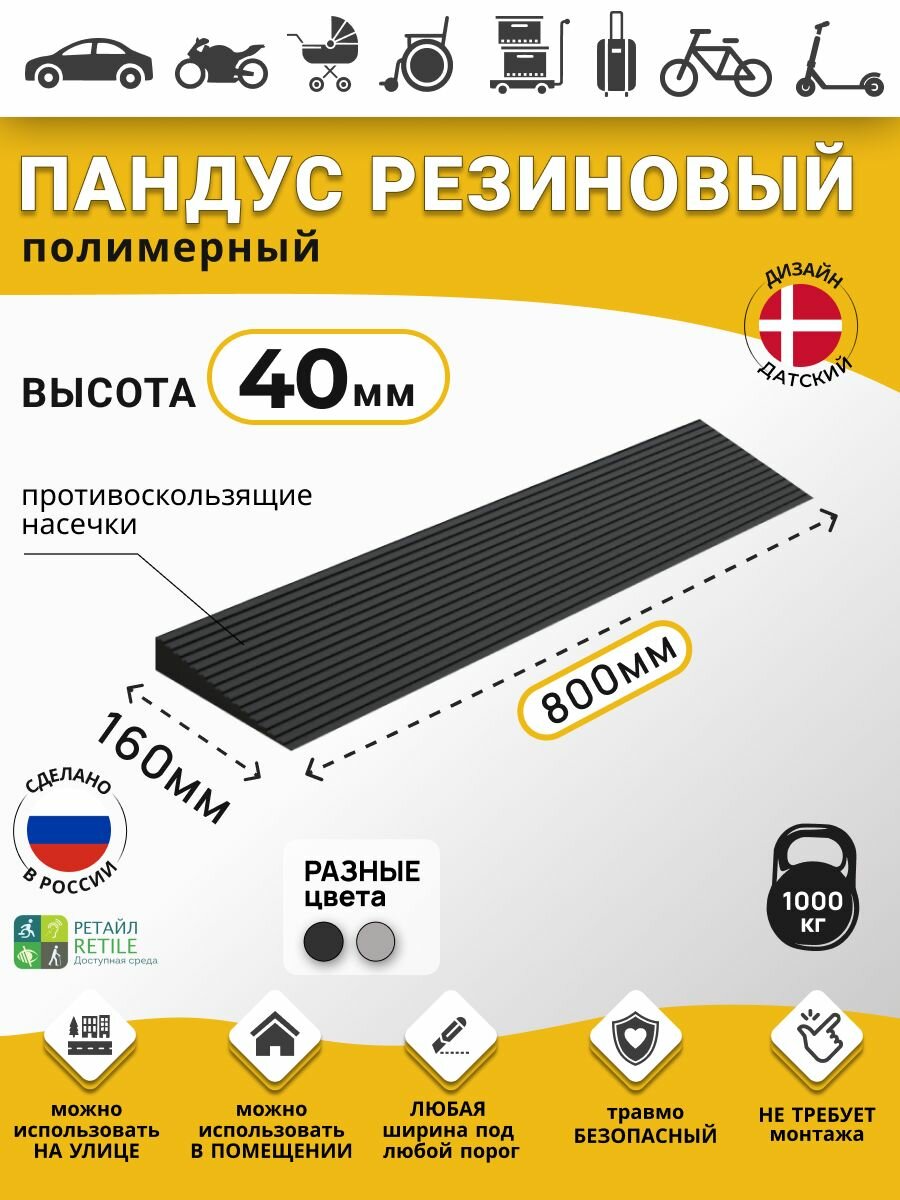 Пандус резиновый рубеж для порогов высотой 4 см (40х800х160 мм), чёрный, для колясок, склада и автомобилей