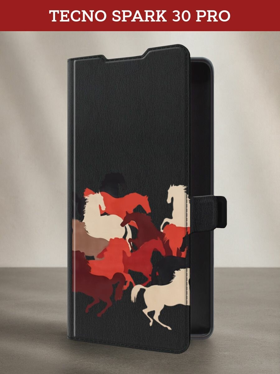 Чехол-книжка на Tecno Spark 30 Pro / Техно Спарк 30 Про с рисунком Табун коней, черный