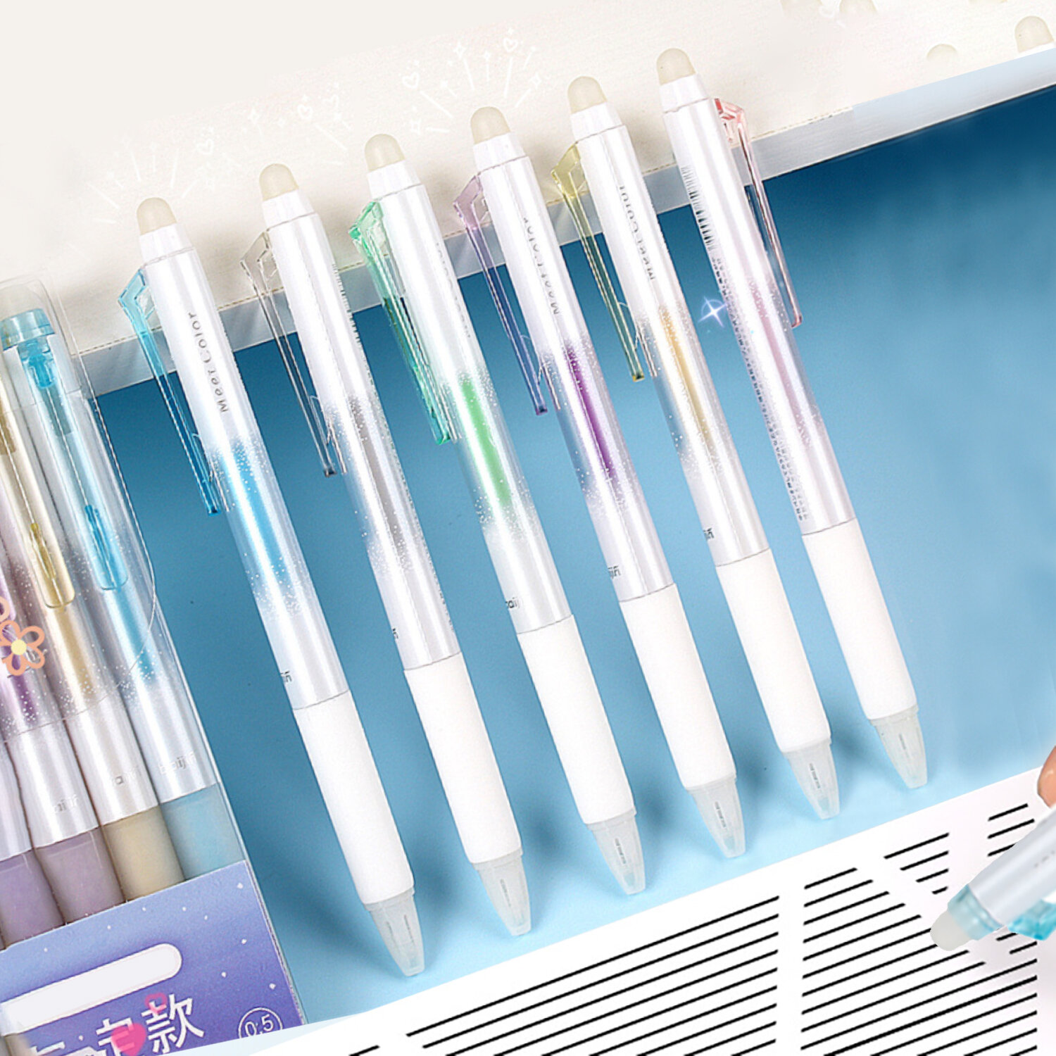 1set 6 Pieces 6 Colors 0.5mm Heat Erasable Press Pen Student Journal Pen Neutral Pen Plastic Material 14.6cm Size 80g/set Weight