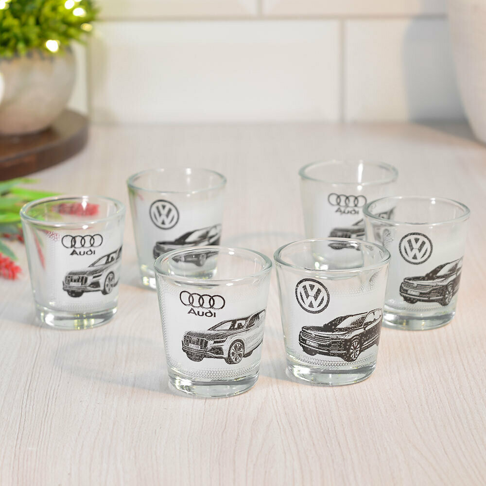 Набор стеклянных стопок 6шт 50мл матовые с автомобильными логотипами