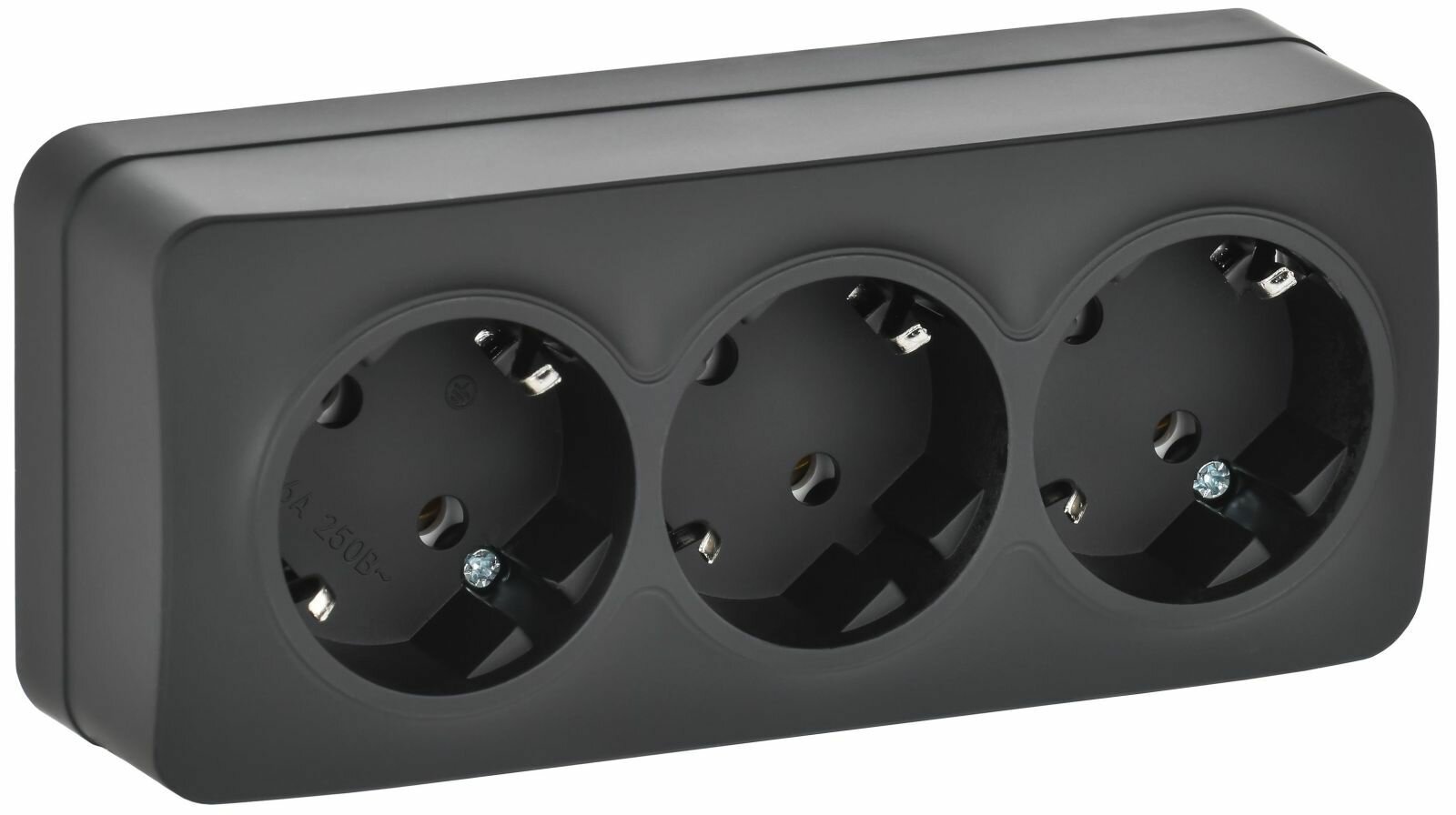 Розетка тройная IEK для открытой установки с заземлением без защитных шторок 16А РС23-3-ХЧм черный матовый, Glory