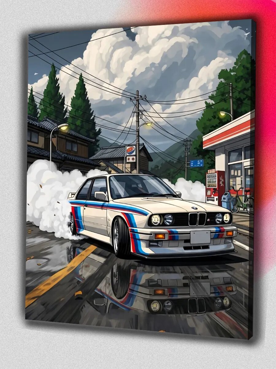 Картина по номерам на холсте авто БМВ Е34 Дрифт 40 на 50