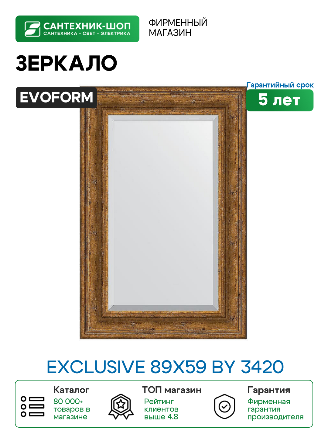 Зеркало Evoform Exclusive 89х59 BY 3420 с фацетом в багетной раме - Травленая бронза 99 мм стекло
