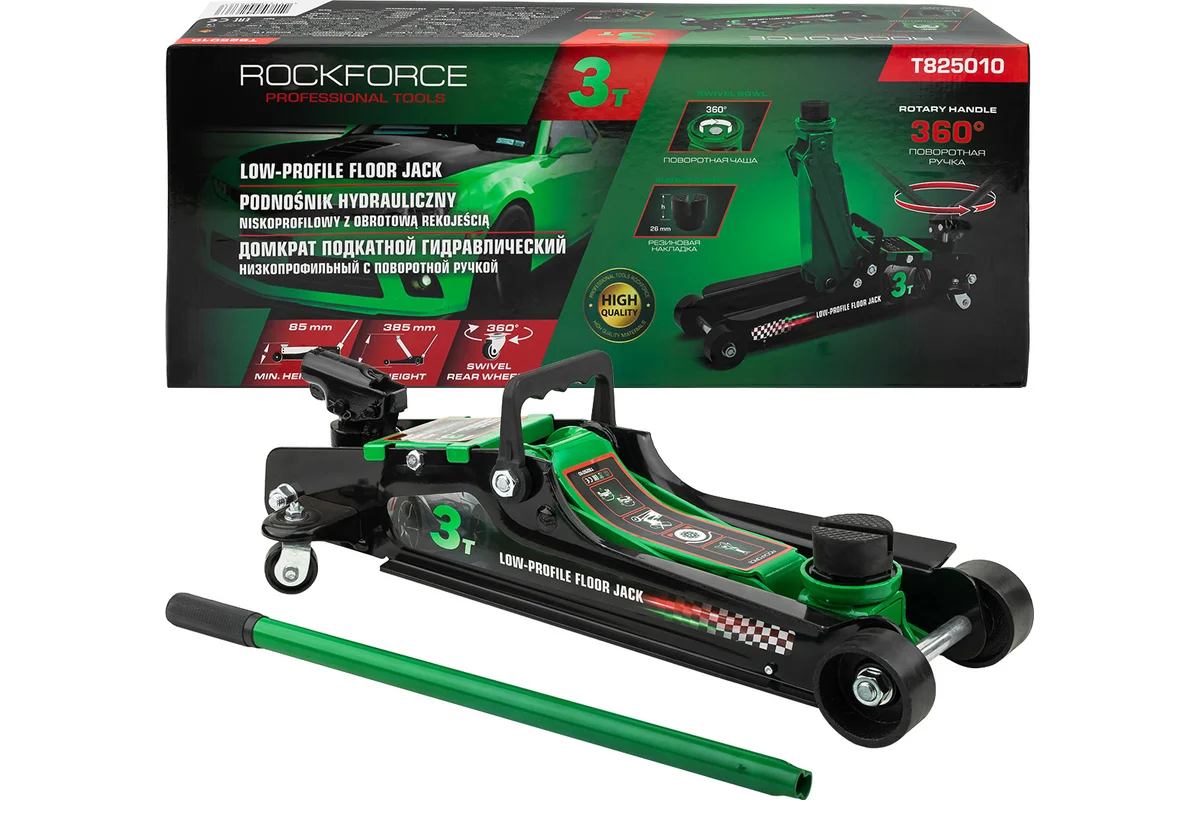 Домкрат подкатной RockForce 3т, гидравлический низкопрофильный, усиленный корпус, поворотная ручка 360, h 85 мм - 380 мм