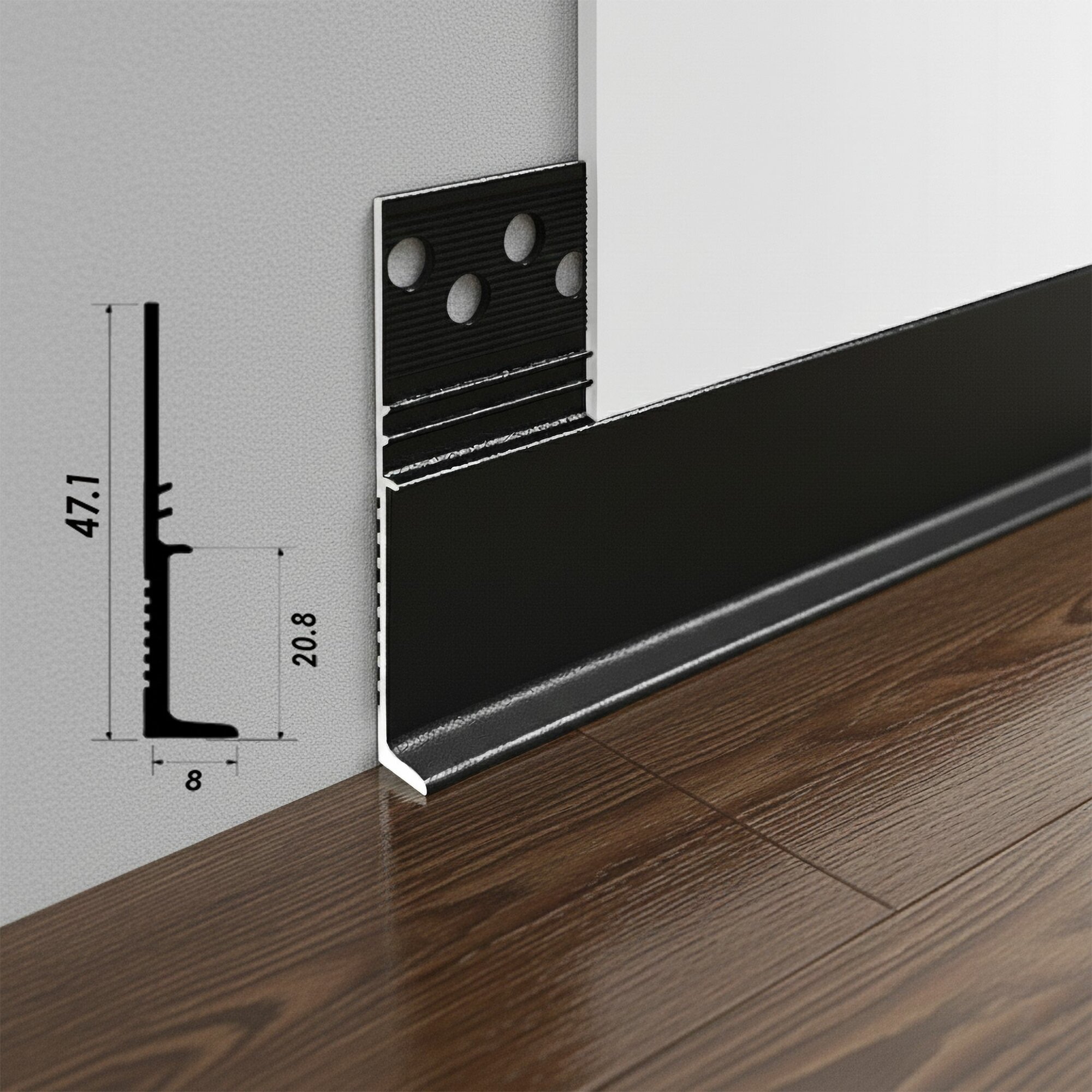 Плинтус напольный теневой, 47 X 20 X 3000 мм, зазор 20 мм, Чёрный матовый, 1 шт