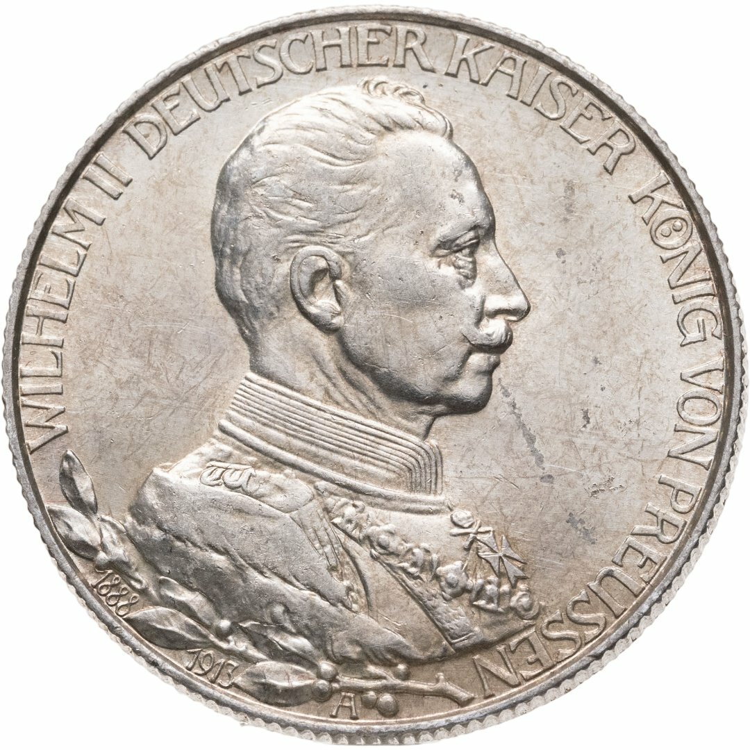 Германская империя Пруссия 2 марки 1913 "25 лет правления Вильгельма II", Серебро 900, в сохранности UNC