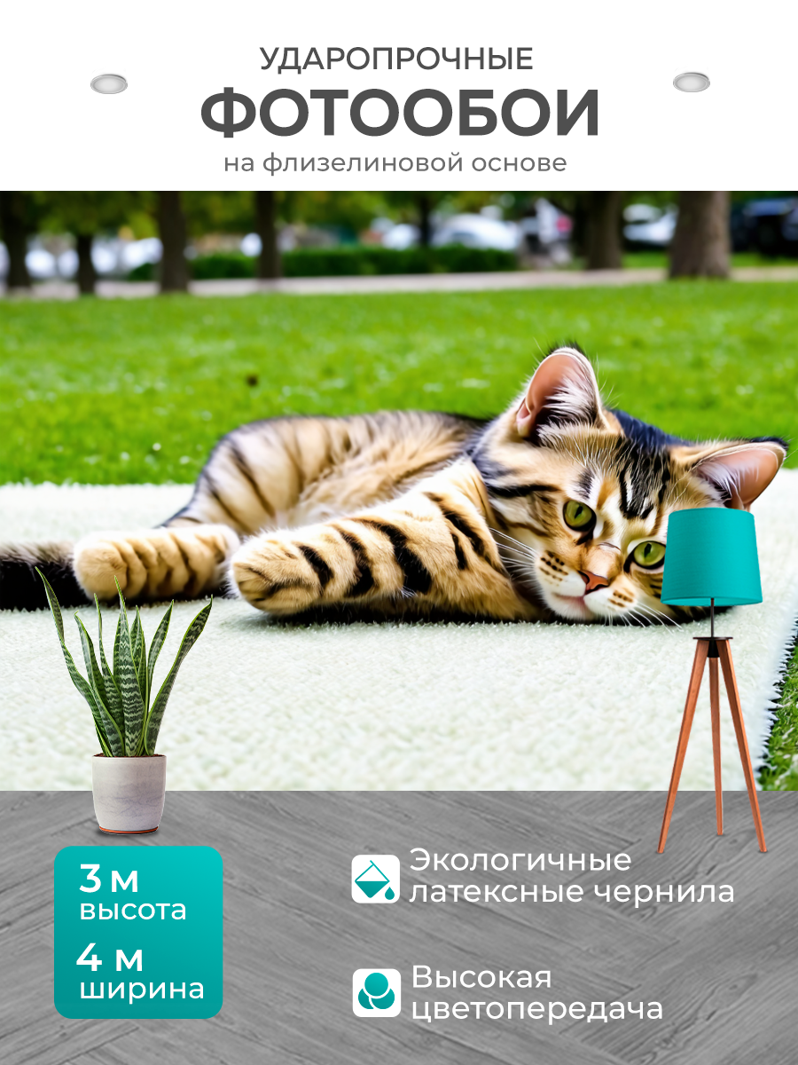 Фотообои моющиеся ударопрочные "Кошка, катающаяся на ковре в парке" 400x300 см. флизелиновые на стену