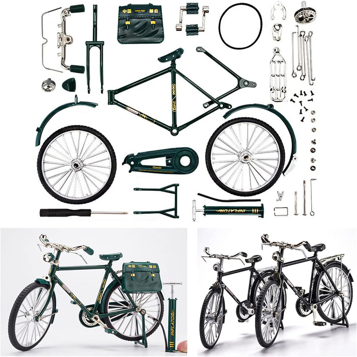 51 Pcs DIY Retro Bicycle Model Ornament For Kids, 1:10 Simulation Mini Bicycle Model Scale Kit With Inflator and Briefcase, Finger Bike Models Toys For Desktop Decoration Ornament, Material: alloy, Weight: 0.44lb/200g, Color: Black, Green, Size: