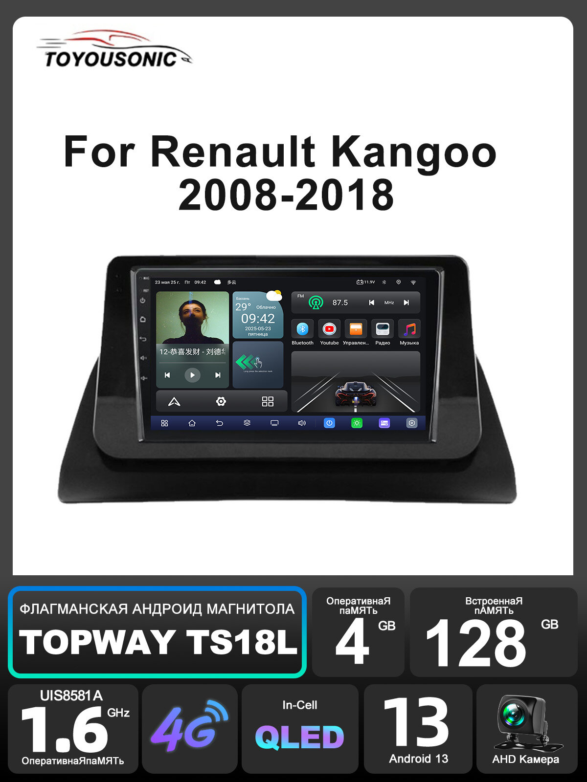 Магнитола для Renault Kangoo 2008 - 2018, Android 4+128GB 2din Мультимедиа Bluetooth FM WIFI Автомобильный