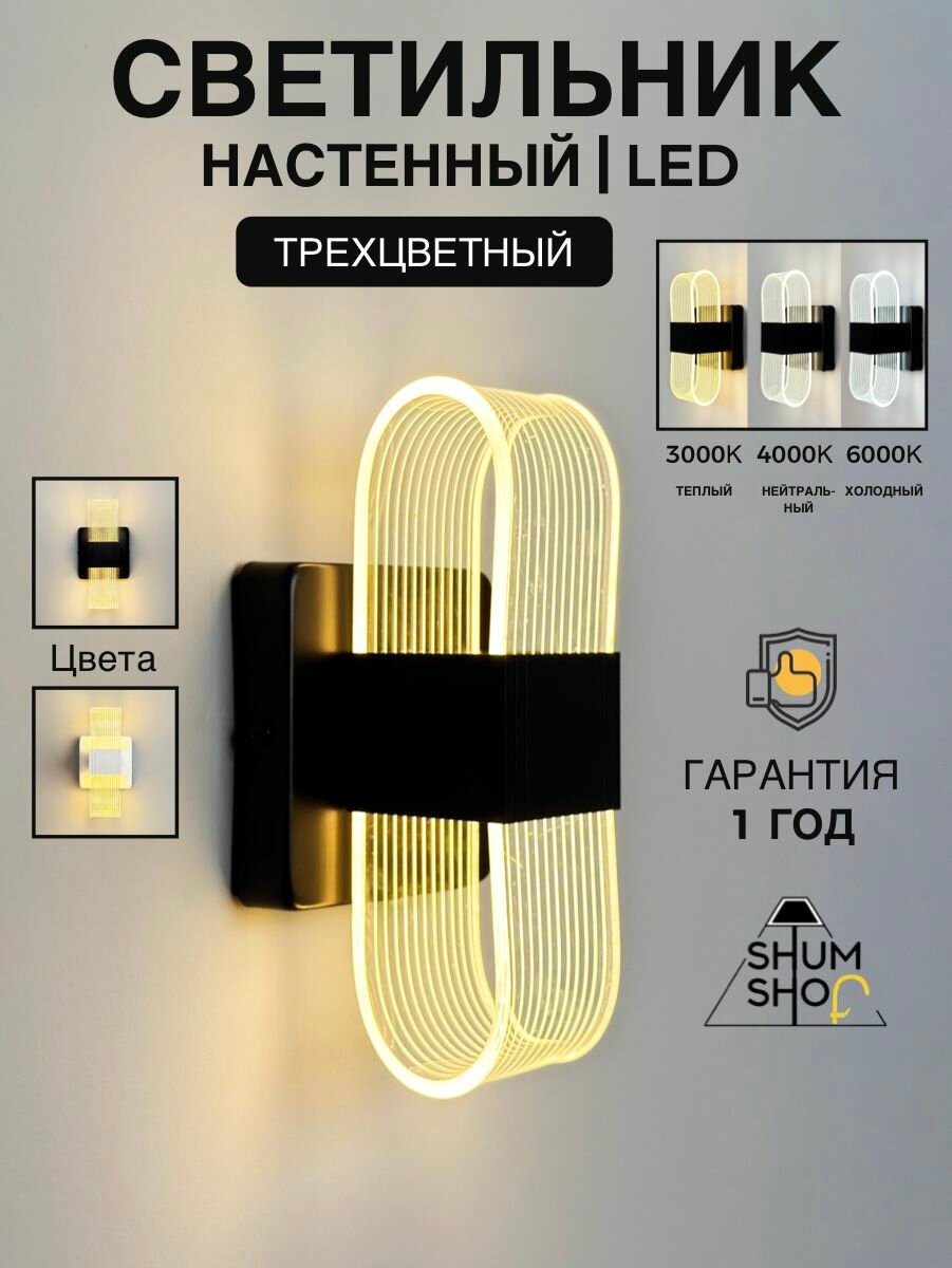 Светильник настенный светодиодный, бра SHUMSHOP BRA2 12W, черный трехцветный
