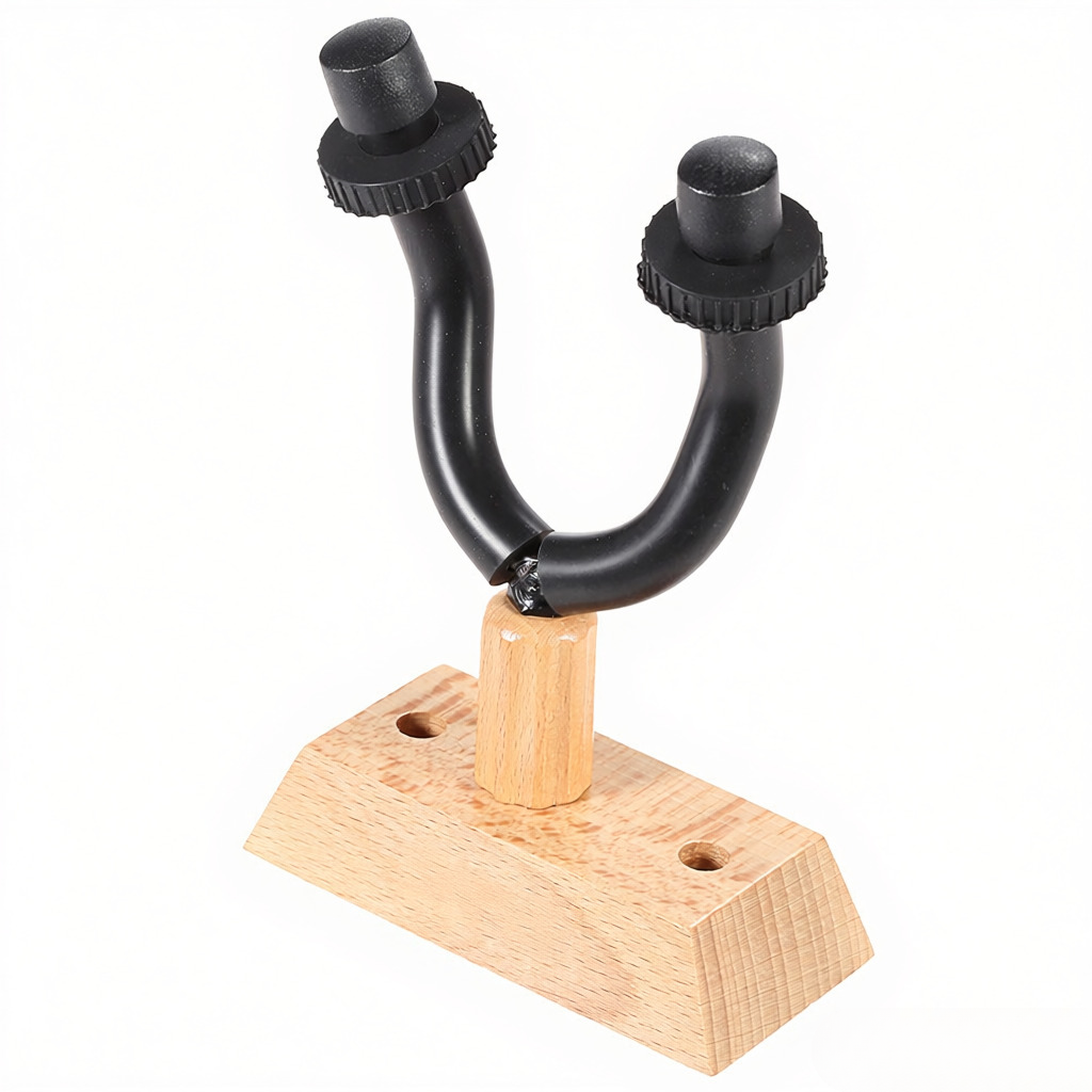 Wall Mount Hanger для гитары, баса, виолин, мандолины, укулеле из дерева, металла и резины с резинообразным чехлом, база 9.8*4.5*2.3 см, металлическое плечо 9*7 см, вес 163 г, комплект 1 штука, крепеж 2 винта и 2 болта
