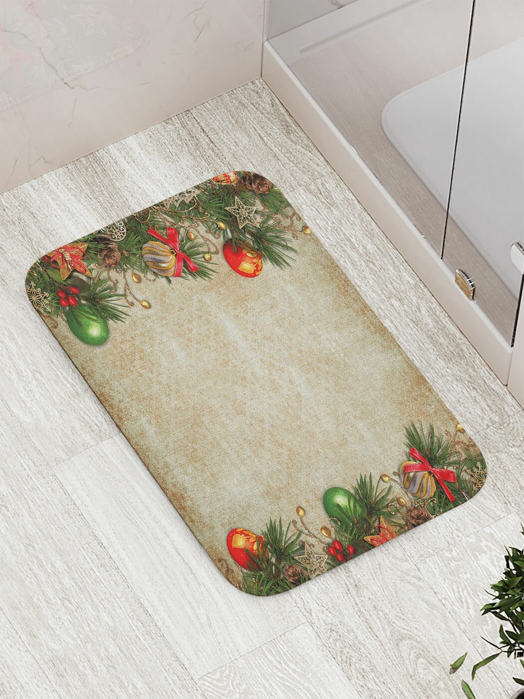 Коврик для ванной комнаты, туалета "Новогодняя ёлка винтаж" противоскользящий, 52х77 см, JoyArty, серия Новый год