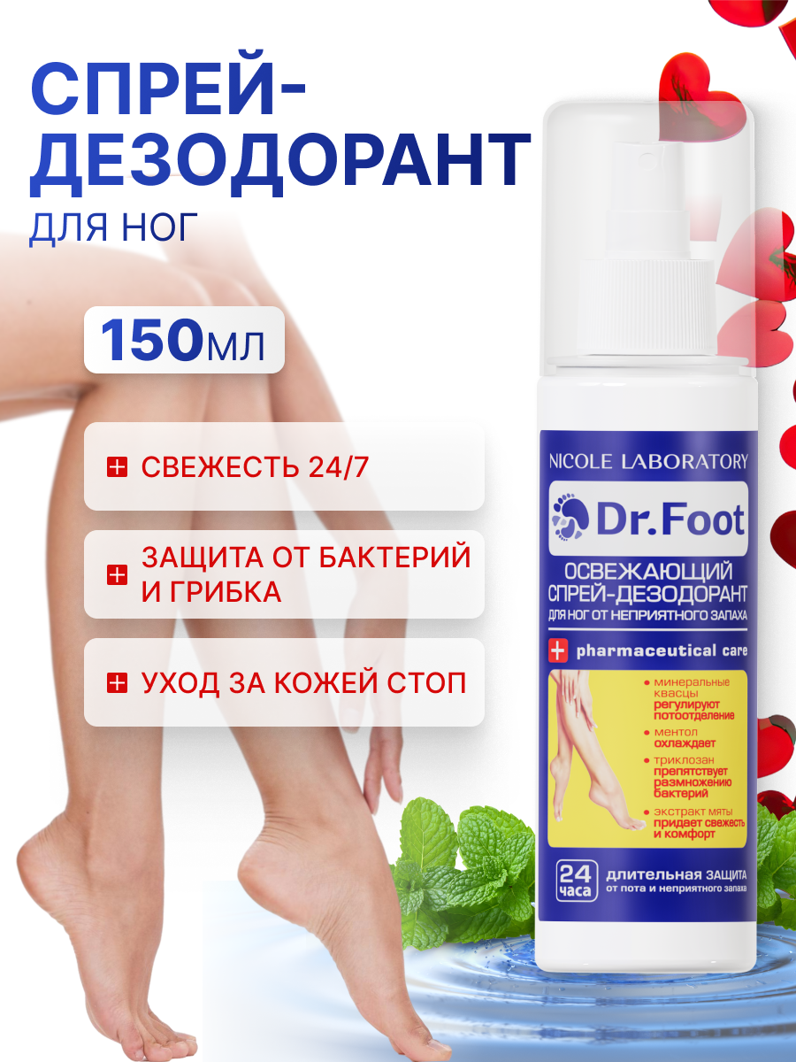 Дезодорант для ног освежающий, спрей от неприятного запаха Dr.Foot, 150 мл