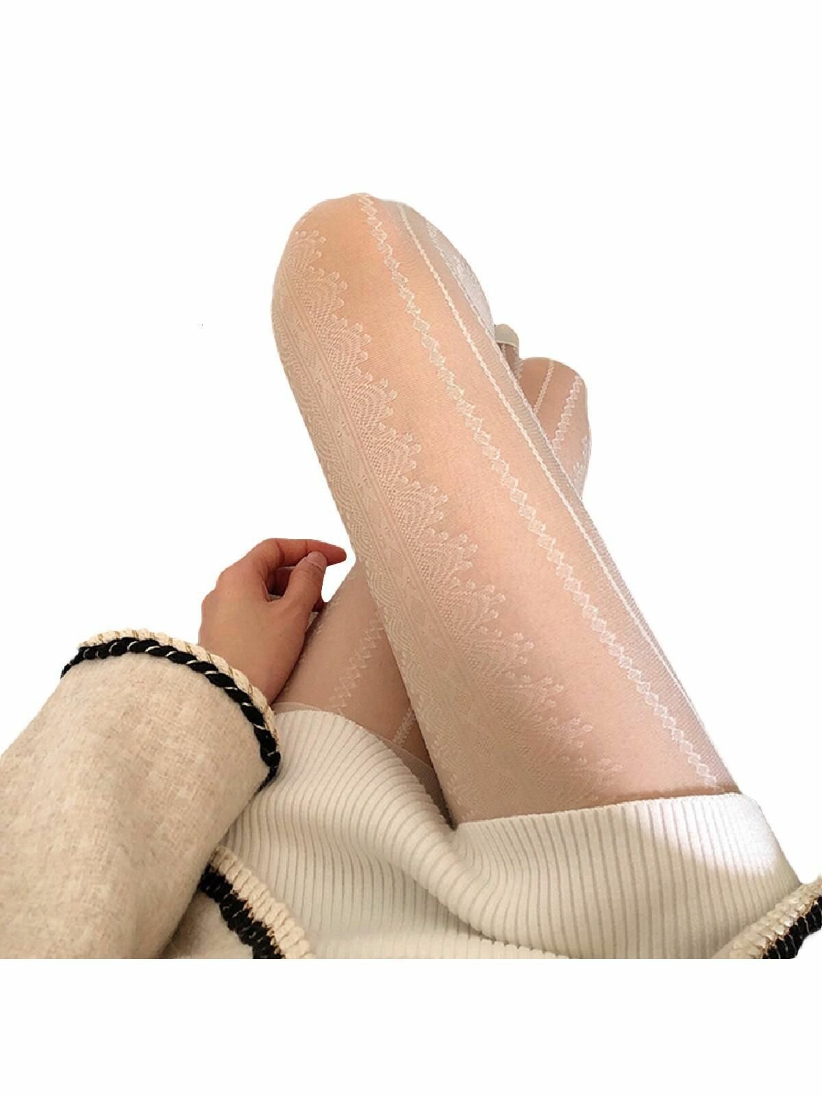 Японские лолита-колготки с цветочным узором, Молочно - белый