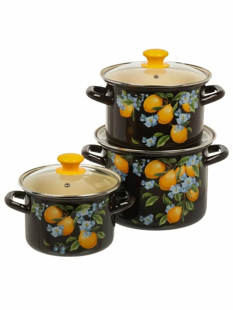 Набор посуды КМЗ Яркие лимоны-5-1-Люкс, эмалированная сталь, кастрюли 2.4, 3.4, 5 л, коричневые, 3 предмета