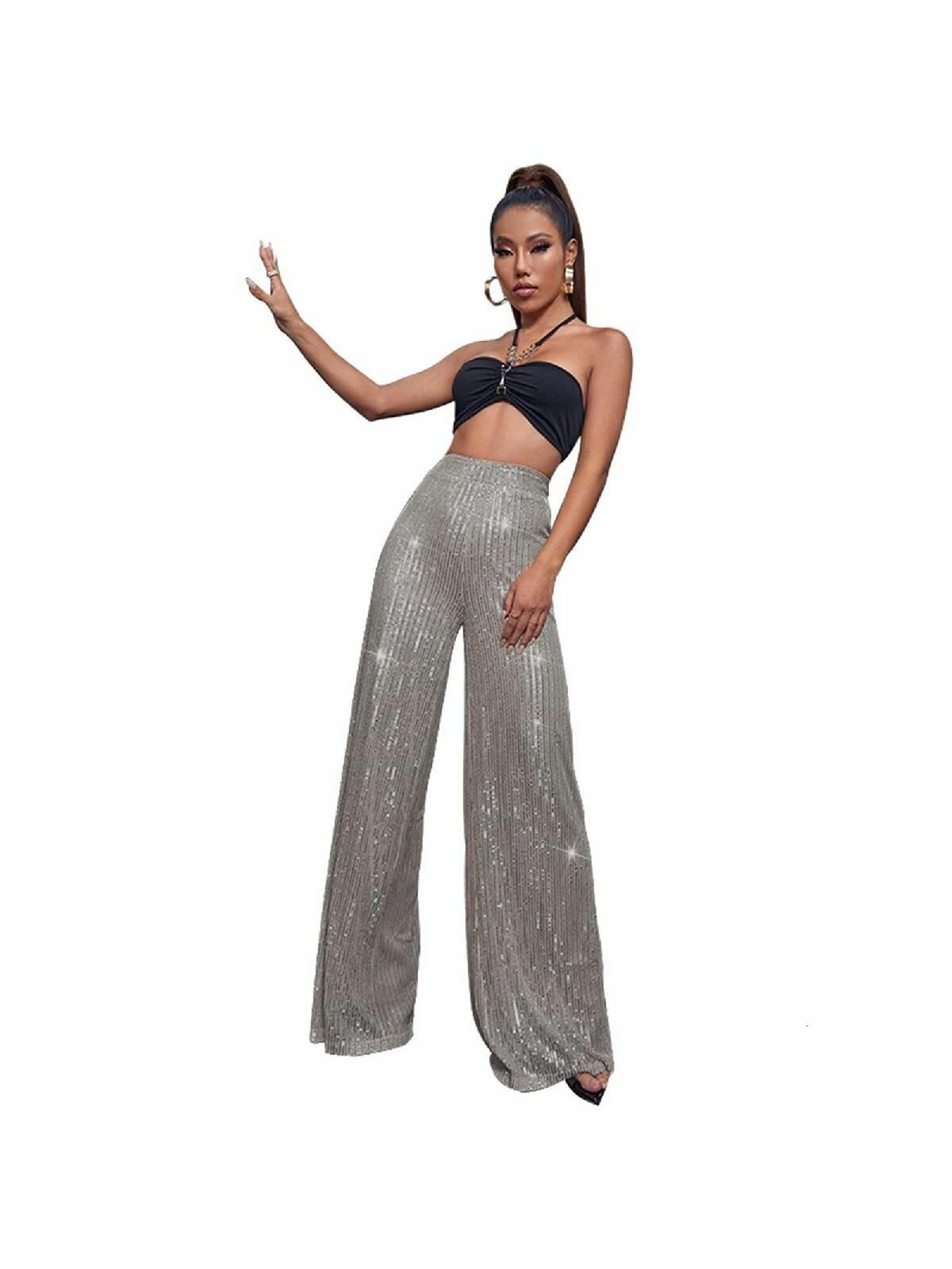 Блестящие женские брюки-клеш, Серый - M