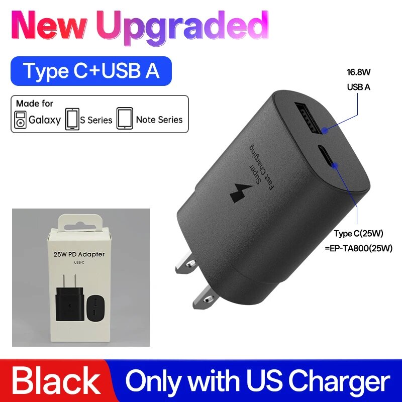 Зарядное устройство Samsung 25 Вт, адаптер для сверхбыстрой зарядки типа C Galaxy Black 25w US Plug