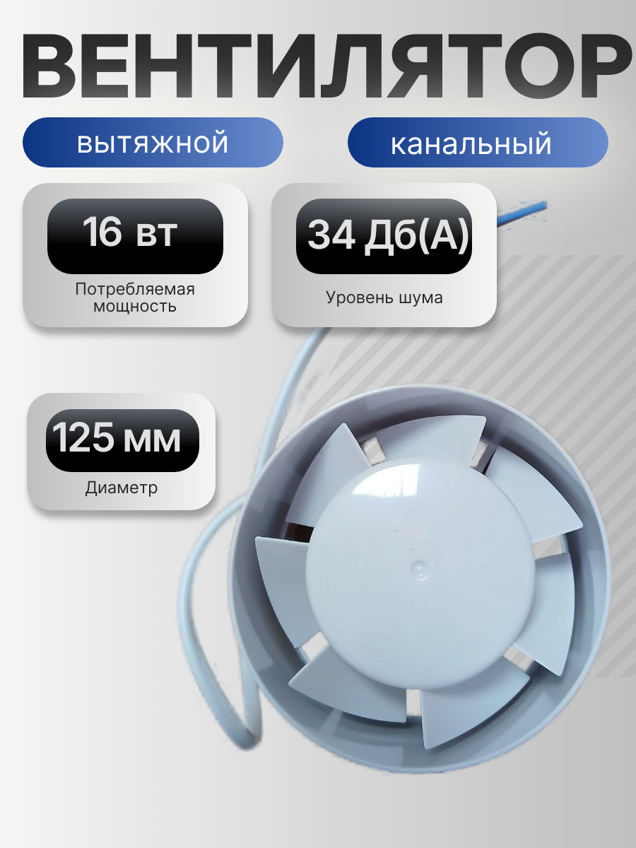 Канальный вытяжной осевой бытовой вентилятор, диаметр 125 мм, D 125 мм (для кухни, ванной, санузла, туалета)
