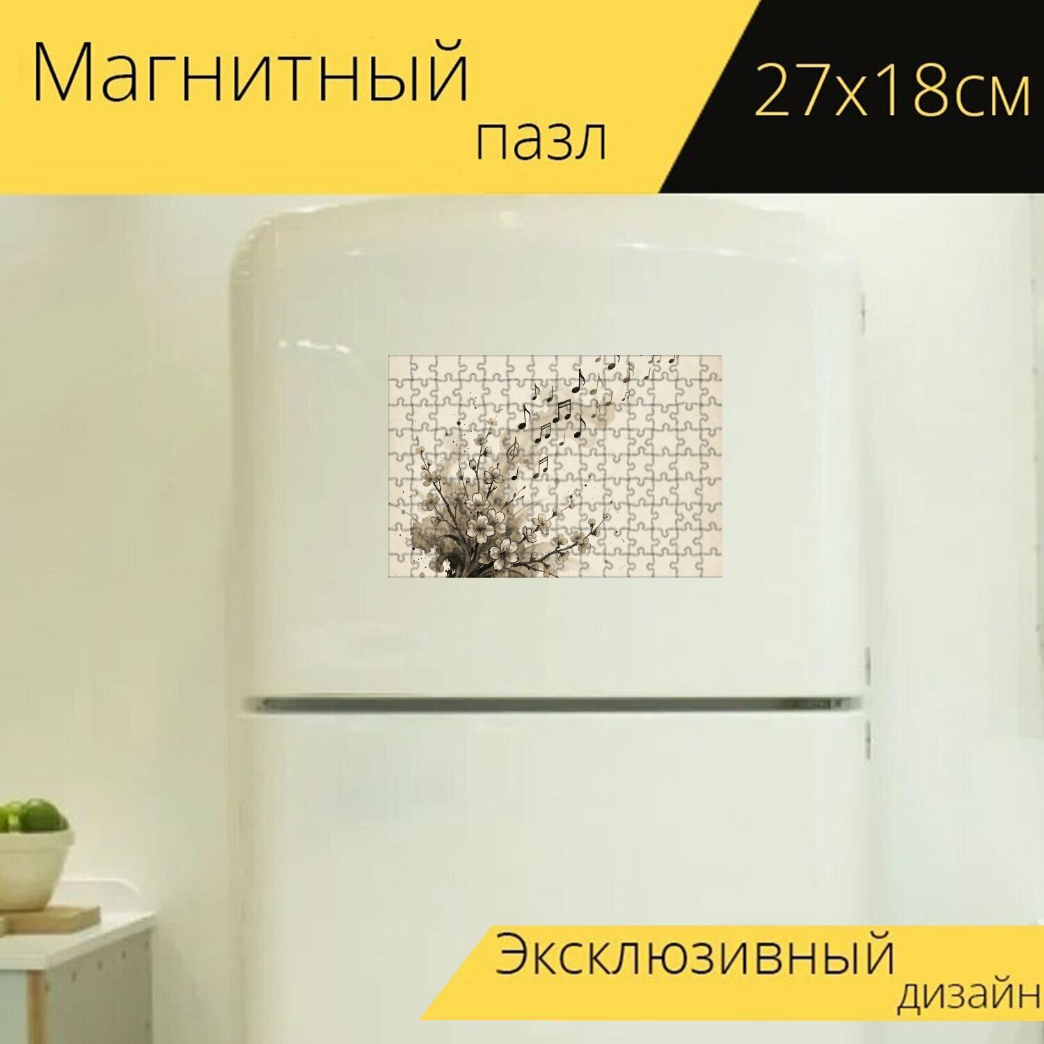 Магнитный пазл "Весенний цветок и мелодия. Акварельная композиция в бежево-сепийных тонах: нежные цветущие побеги, парящие музыкальные знаки, винтажная." на холодильник 27 x 18 см.