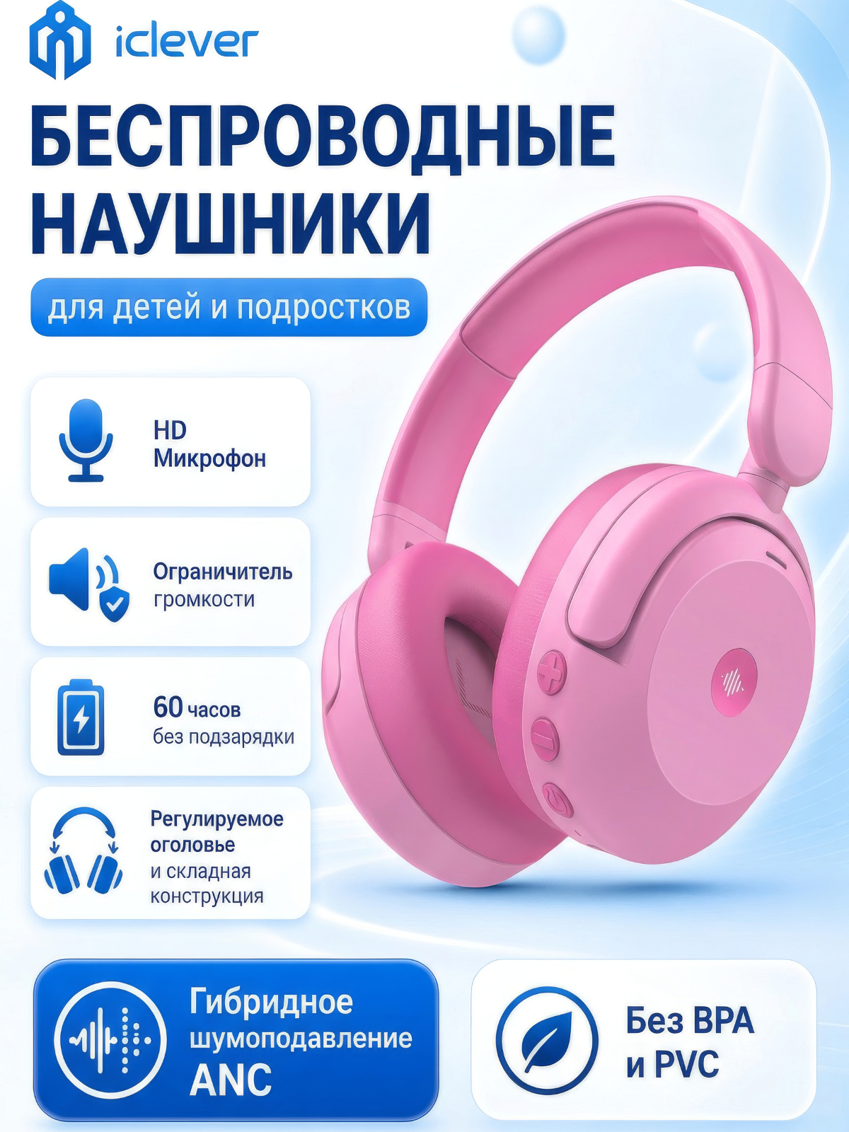 Беспроводные детские наушники iClever BTH20 Pink с активным шумоподавлением