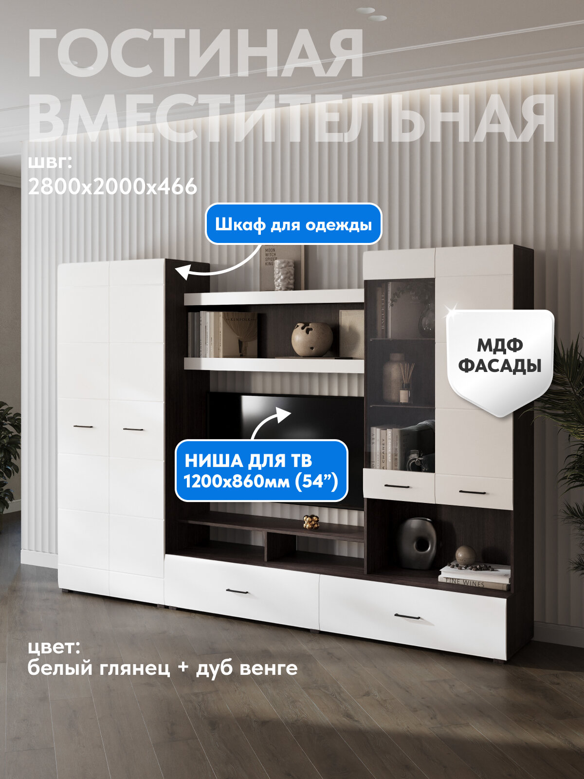 Гостиная Ненси 1 венге белый ( Ш*В*Г ) 2800*2000*466, Горизонт