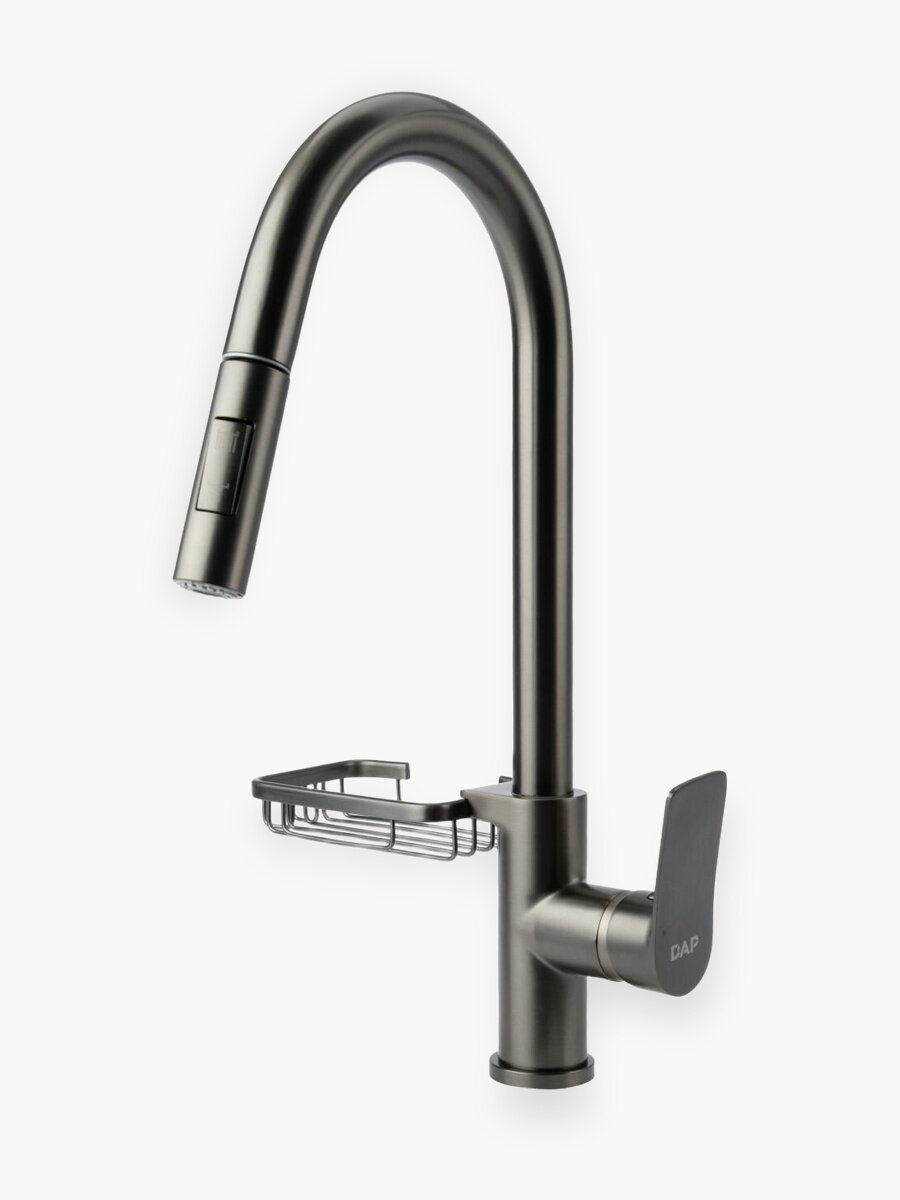 Смеситель для кухни с высоким изливом и мыльницей, выдвижная лейка, графит, DAP